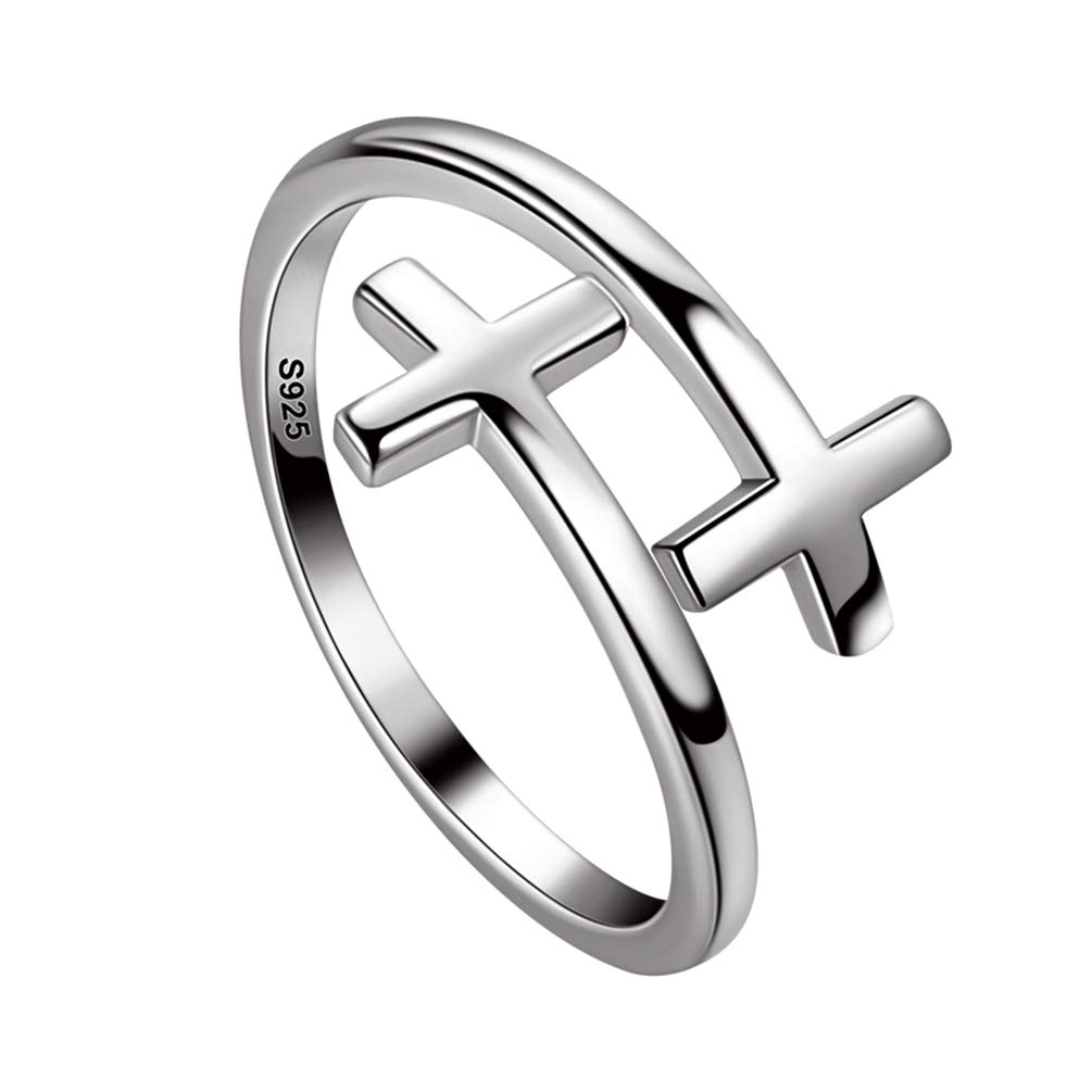 Sterling Silver Polished Cross Ring Mens Adjustable Double Wrap Sideways Cross Ring for Women Daughter friend Easter Gift Amulet Jewelry for Wedding Engagement FR0009W
