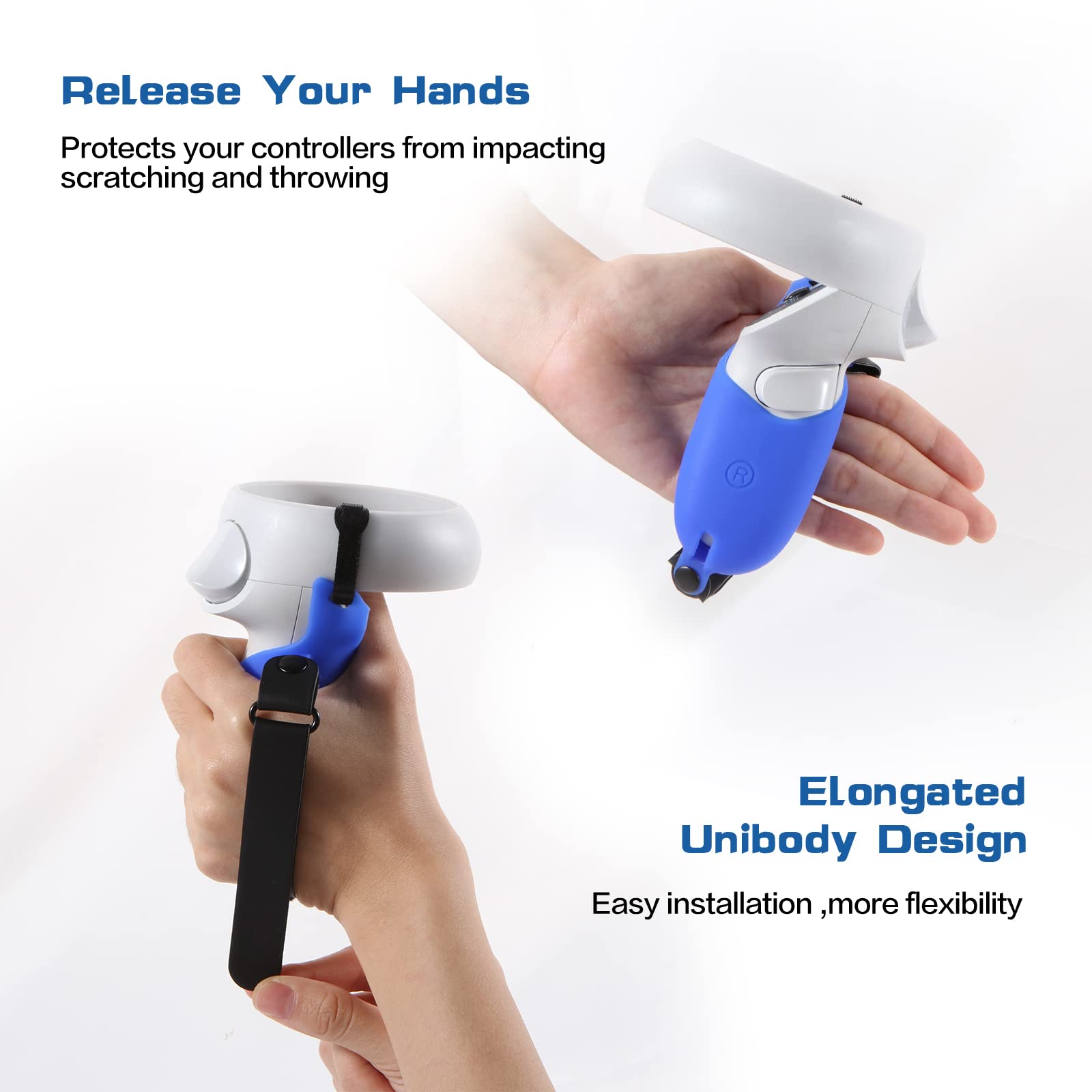 VR Touch Contrller Grips Cover Compatible with Oculus Quest 2,with 1Pcs VR Silicone Face Pad,Lens Protection Cover,Thumbstick Covers,Sweat-Proof/Anti-Throw/Adjustable (Blue/4Pcs Set)