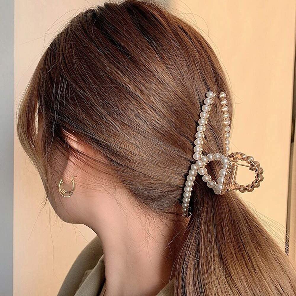 VinBee Pearl Hair Clips For Women, Large Metal Hair Claw Clips For Thick and Thin Hairs, Jaw Clamp Clips-3 Pack 4.5 Inches