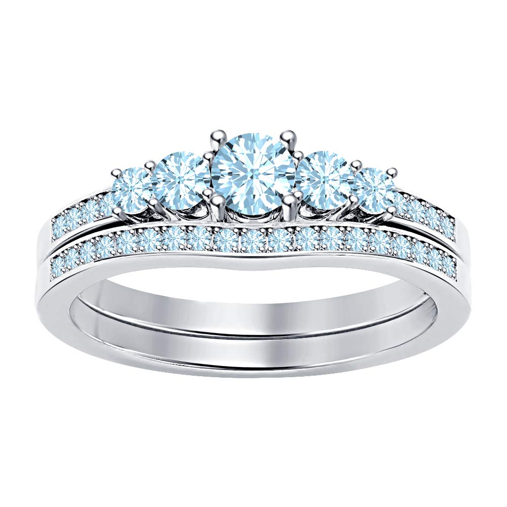 SVC-JEWELS Round Cut Aquamarine 14K White Gold Over Solitaire Three Stone Engagement Bridal Ring Set For Women's (5)