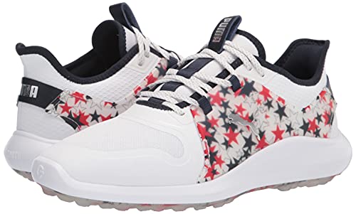 PUMA Men's Ignite Fasten8 USA Golf Shoe, White-Navy Blazer-High Risk Red, 7