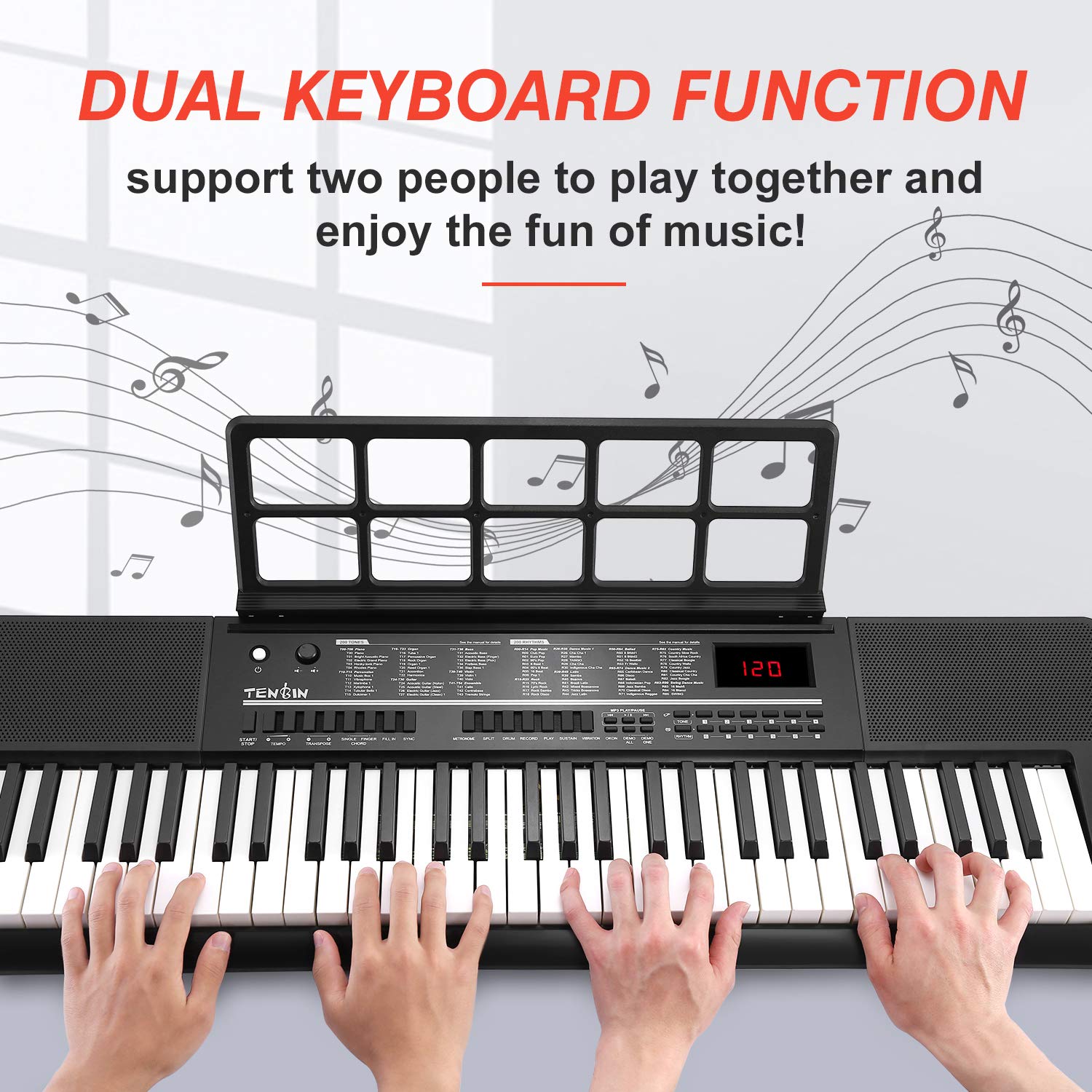 TENB 61 Keys Electronic Keyboard Portable, Educational Standard Piano Keys,Include a Music Stand, USB Cable,Microphone,Built-in Lithium Battery,Full-Size Keys for Beginners