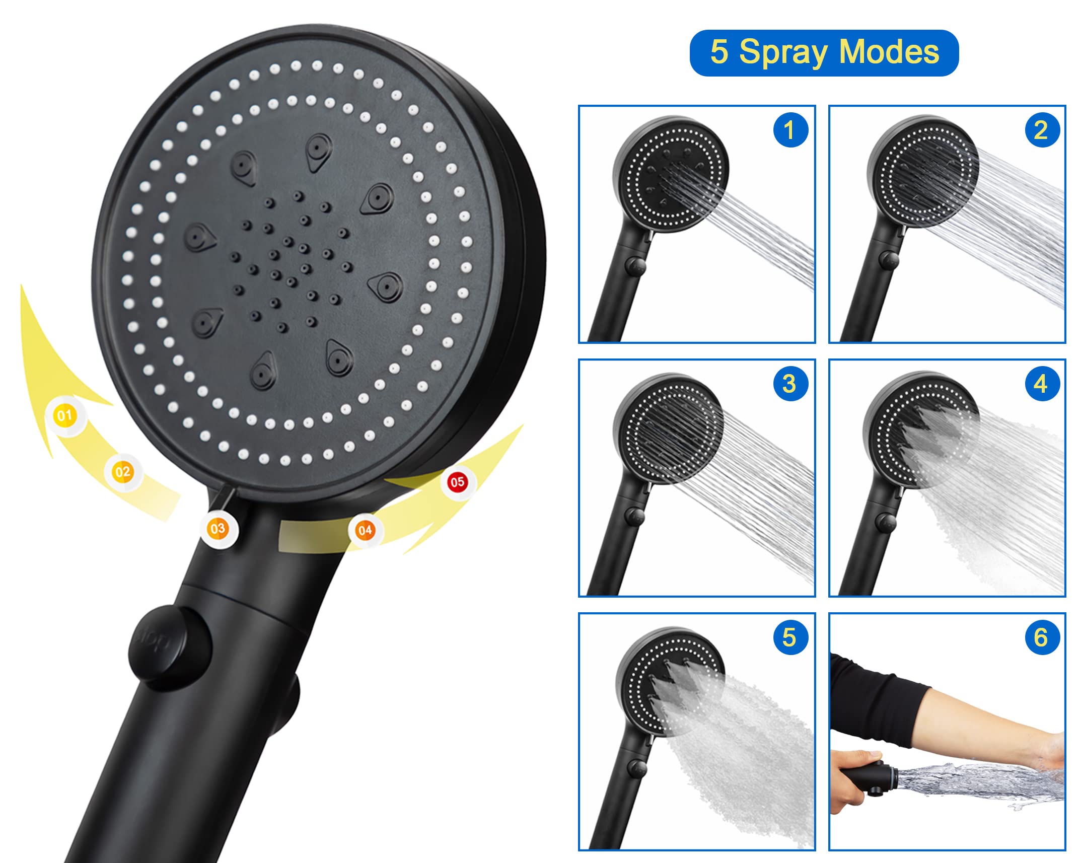 SoaShower High Pressure Handheld Shower 5-Settings、Leakproof Extra Long 78 Inch Stainless Steel Hose、Adhesive Shower Head Holder(Height/Angle Adjustable)、Matte black(Classic)、ON/OFF Pause Switch