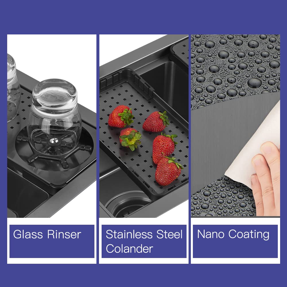 NAVNKA Black Bar Sink with Glass Rinser, 23inch Stainless Steel Small Bar Sink for Bar,Cafe,Restaurant.