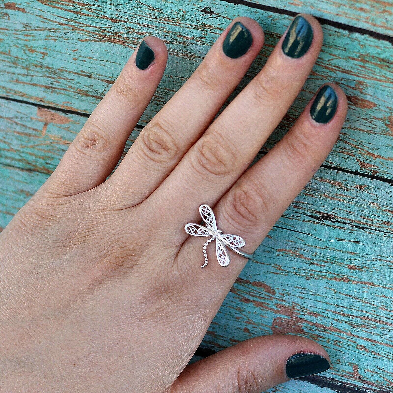 Sterling Silver 925 Dragonfly Ring Butterfly Band Ring Flying Insect Jewelry (5)