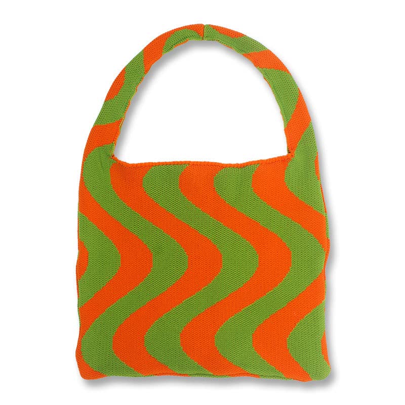 Woven Tote Bag, Knitted Messenger Bag Wavy Striped Shoulder Bag Underarm Colorblocking Women'S Bag (orange green)