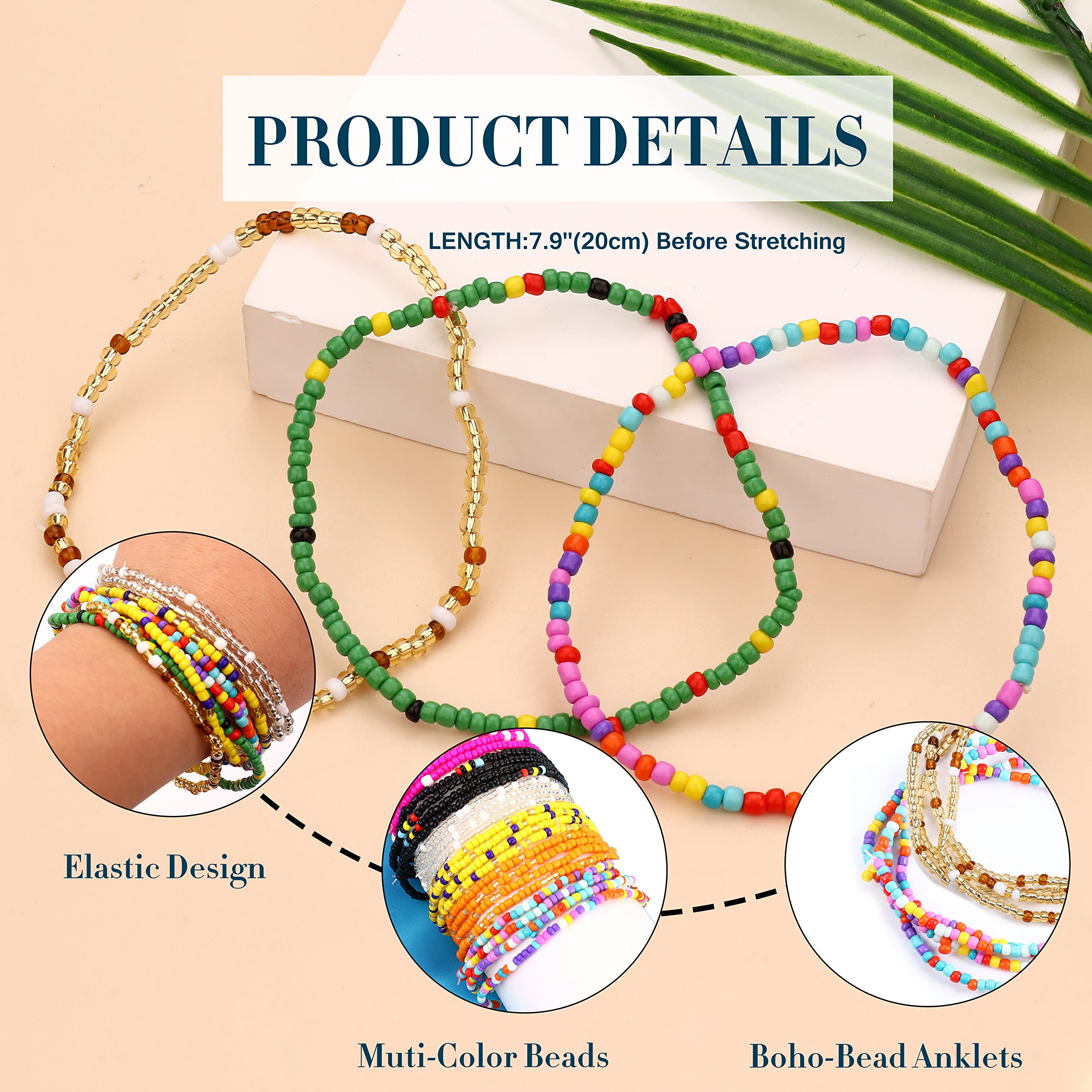 Subiceto 36Pcs Beaded Anklets for Women Teens Handmade African Elastic Beaded Anklet Multicolor Boho Layered Beads Ankle Bracelets Set Adjustable Colorful Stretch Summer Foot Jewelry
