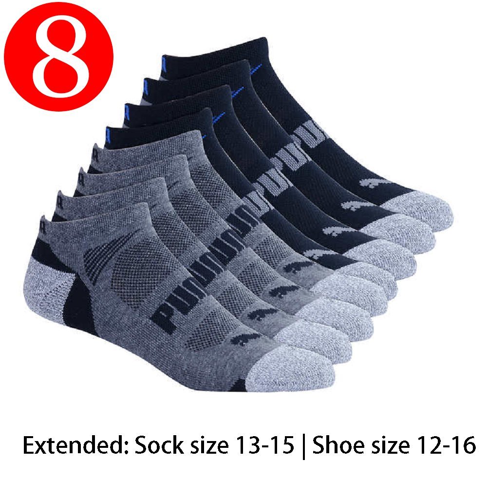 PUMA Men's No show Sport Socks, Moisture Control, Arch Support (8 Pair) (Extended Size - Shoe Size (12-16, Black-White)