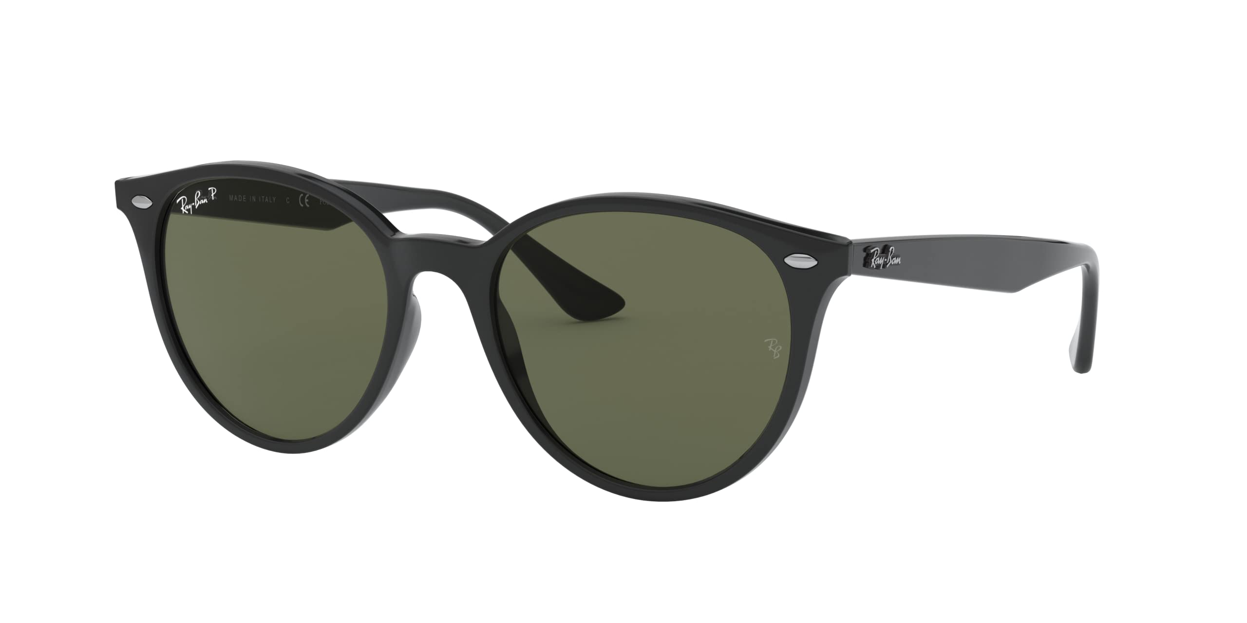 Ray-Ban RB4305 Round Sunglasses, Black/Polarized Green, 53 mm