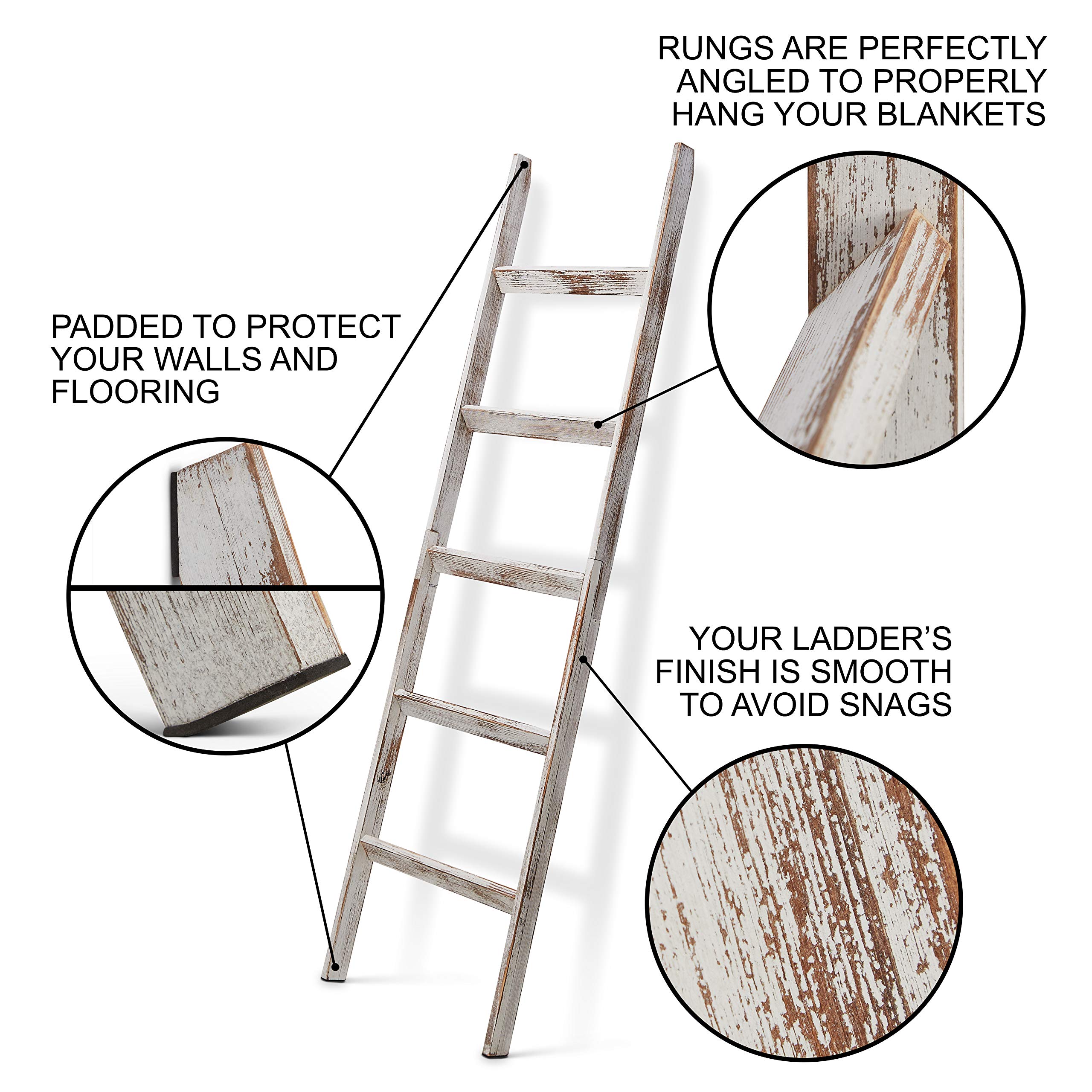 Short Birds Rustic 5ft Blanket Ladder - Farmhouse Home Decor - Quilt/Towels/Throw - Wood - Decorative Shelf - Easy Assembly - Leaning - Padded - Brown