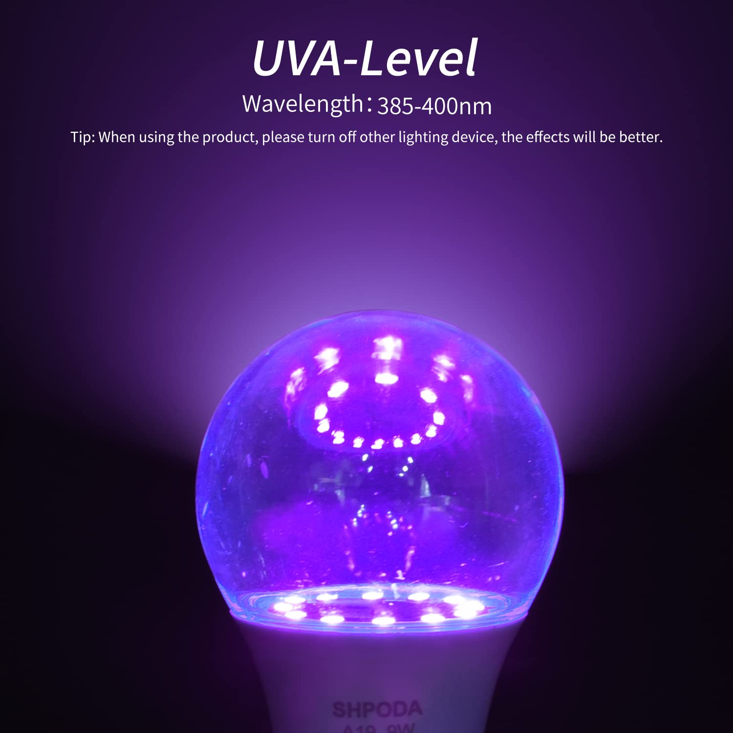 SHPODA 3 PACK 9W UV LED Black lights Bulb,A19 E26 UV Blacklight Bulb UVA Level 385-400nm,Glow in The Dark for Blacklight Party,Body Paint, Fluorescent Poster,Neon Glow