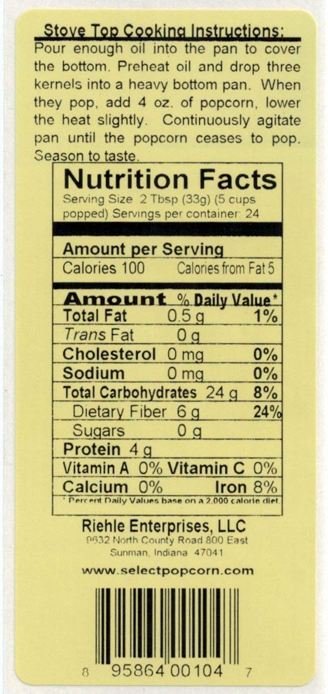 Riehle's Select Popping Corn - Hulless Baby Yellow Whole Grain Popcorn - (28oz) Resealable Bag
