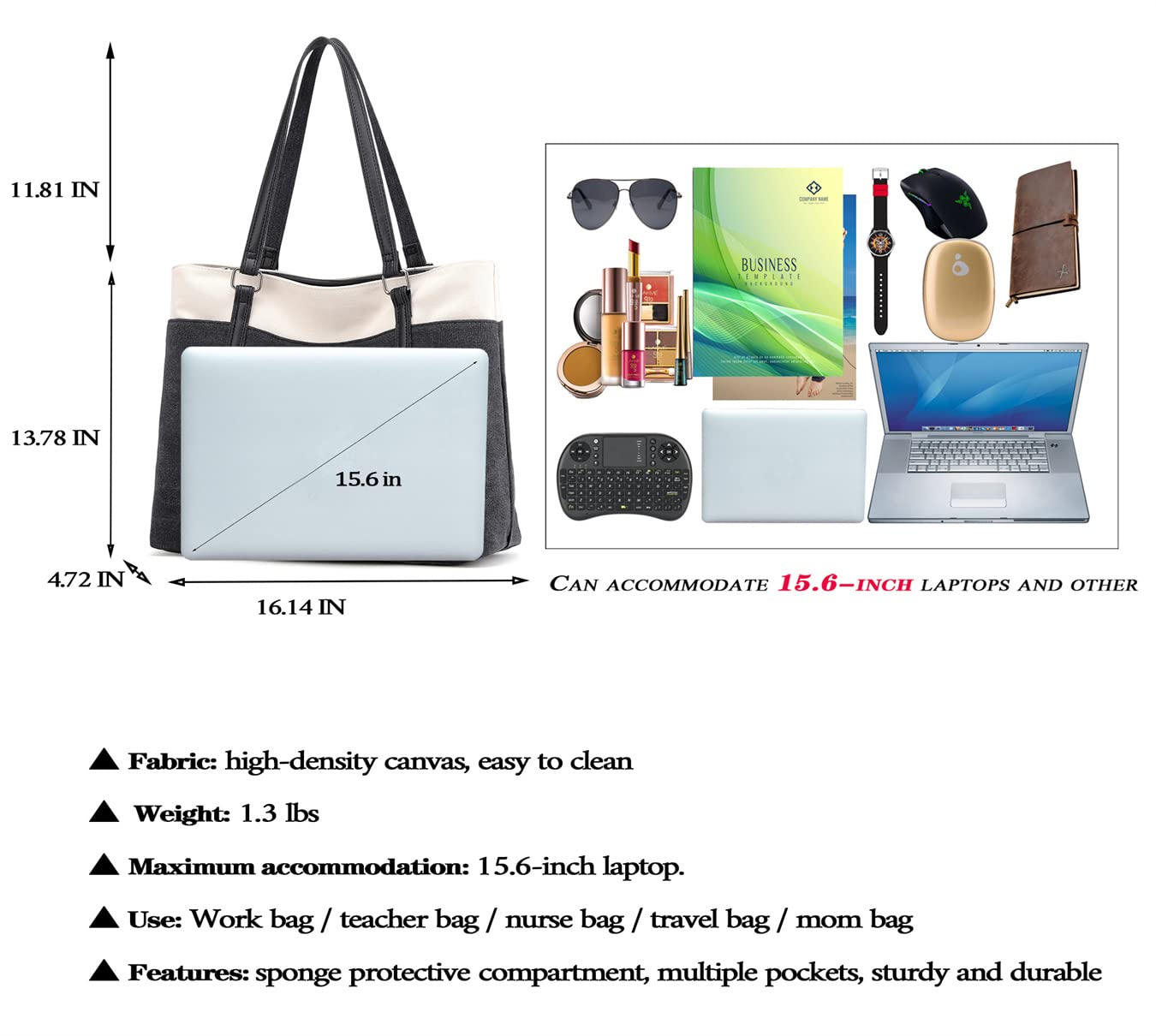 Scioltoo Purses and Handbags for Women Large Shoulder Tote Satchel Work Canvas Bags 15.6 inch Black