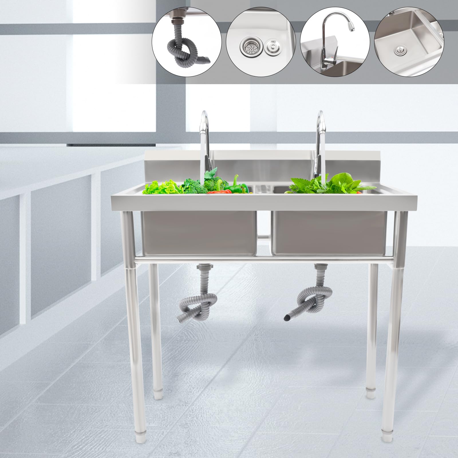 PaNeTnya Free Standing Double Bowl Sink,Commercial Stainless Steel Kitchen Sink,2 Compartment Utility Sink with Faucet for Garage,Restaurant,Kitchen,Laundry Room