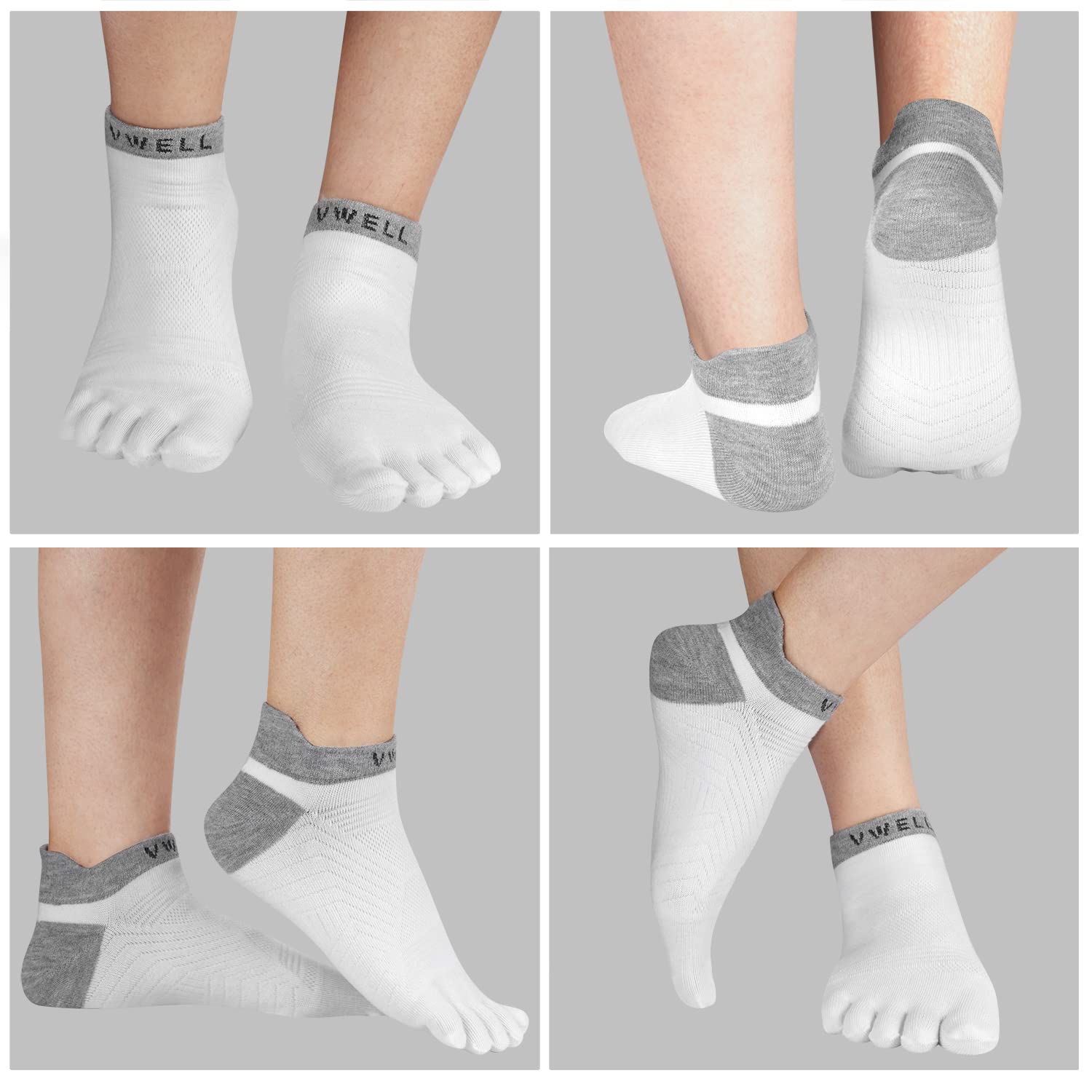 VWELL Cotton Toe Socks Five Finger Socks No Show Crew Athletic Running Socks 4 Pairs,Size 7-11