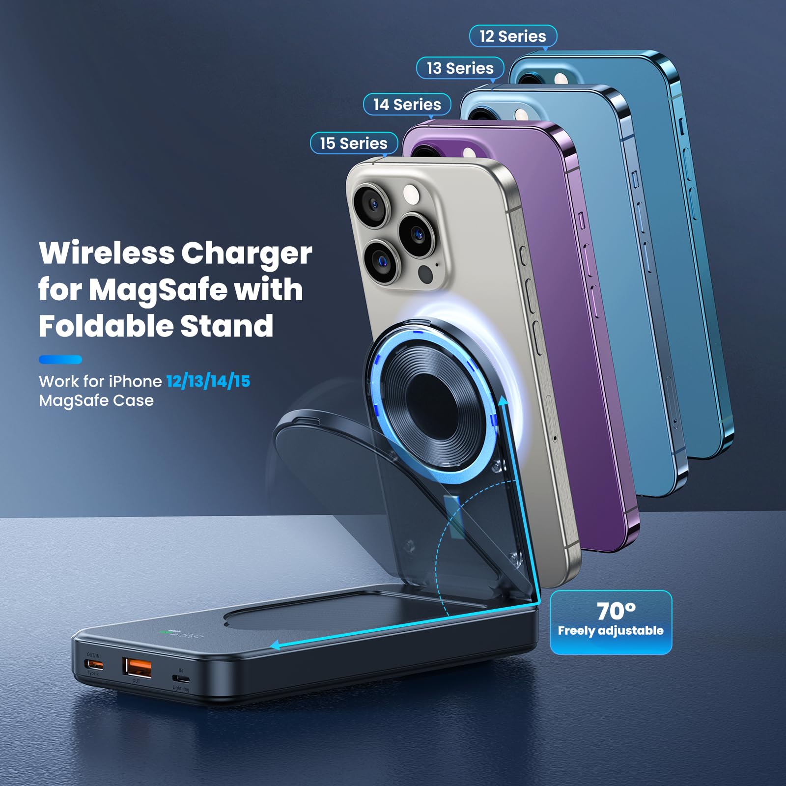 SQERO Wireless Portable Charger Power Bank with Magnetic Foldable Stand Charge Station Compatible with MagSafe, 10000mAh 22.5W PD Fast Charging for Magsafe Battery Pack (Black)