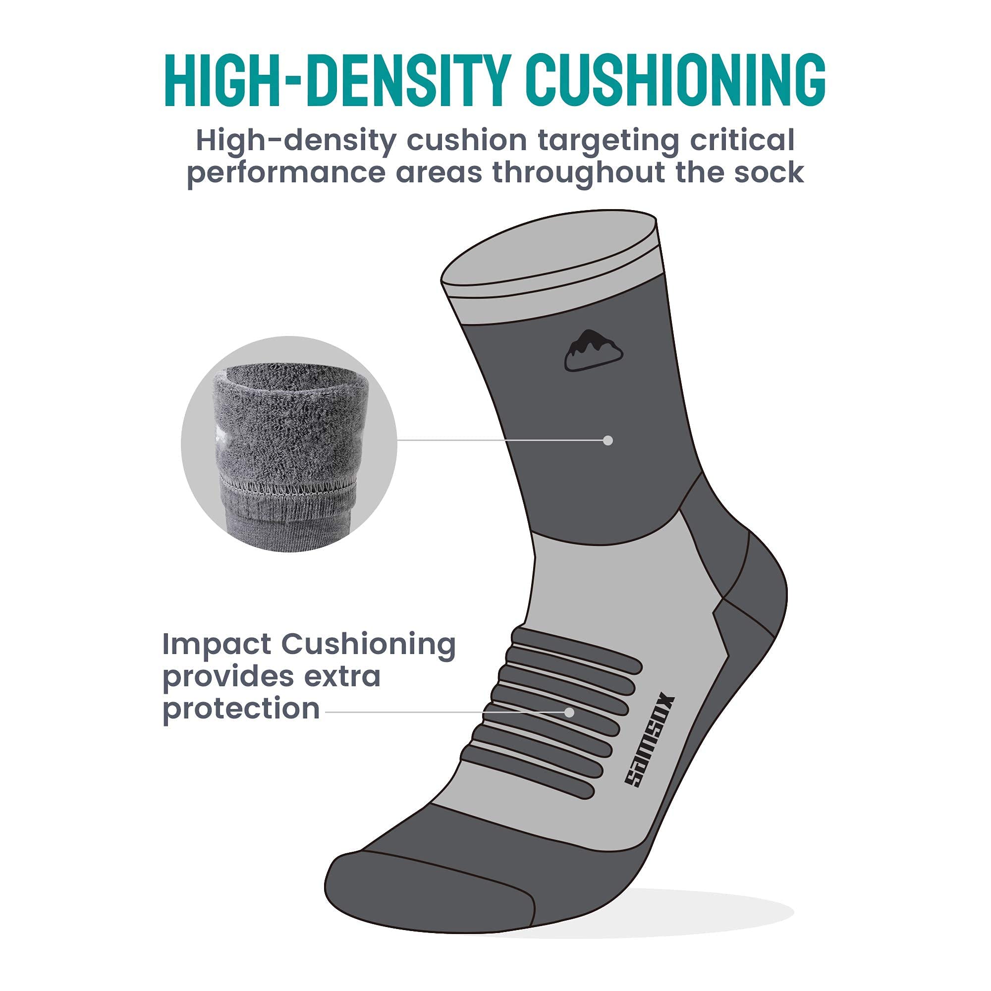 SAMSOX 2-Pair Merino Wool Hiking Socks, Made in USA, Grey L/XL (Men 10-13 / Women 12+)