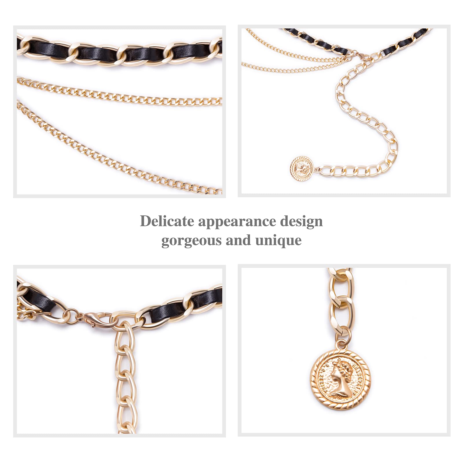 Women's Chain Belts Leather Multilayer Metal waist chains Adjustable Link Belts Body Chain Plus Size for Ladies Dress Jeans, 01black, 105cm