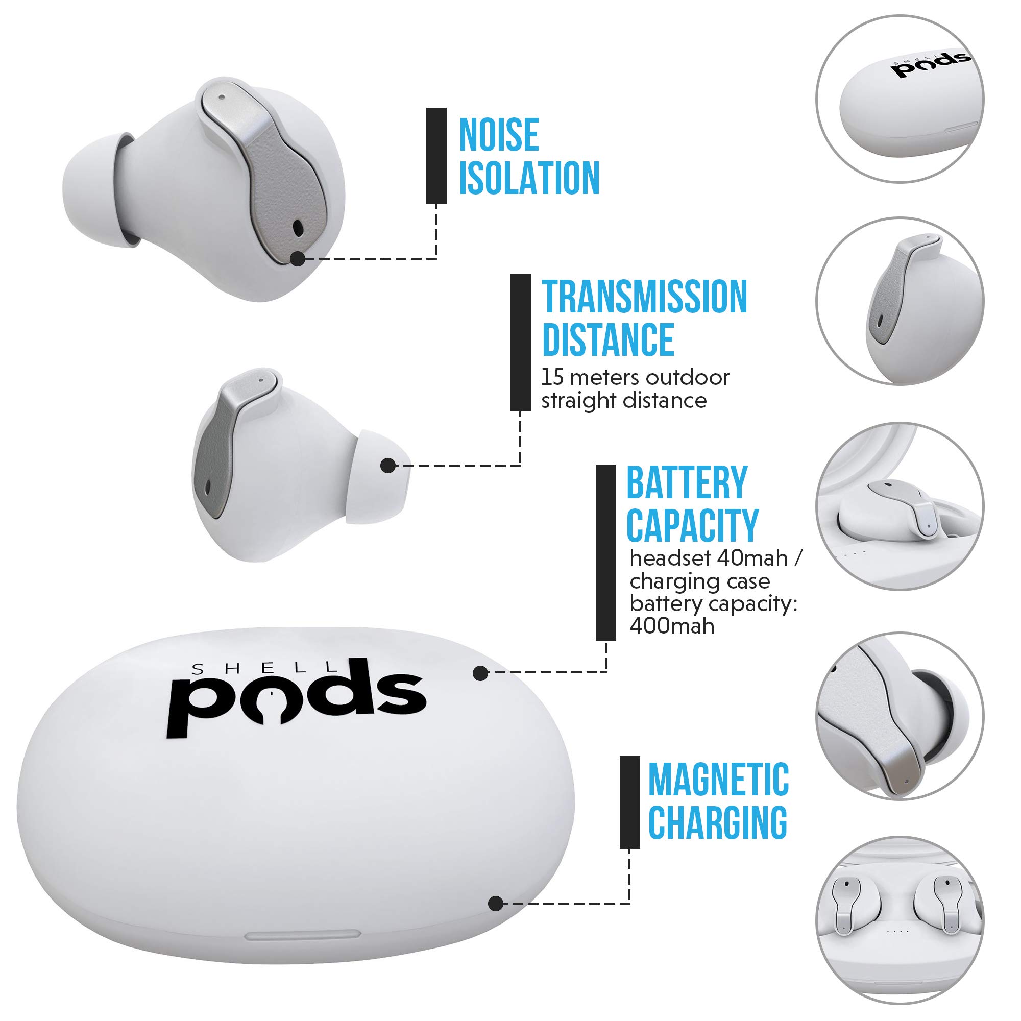 ShellPods Wireless Earbuds with Wire Charging Case - Ergonomically Designed Wireless Earbuds with Microphone - Workout Earbuds with Intelligent Noise Reduction - Magnetic Charging Bluetooth Earphones