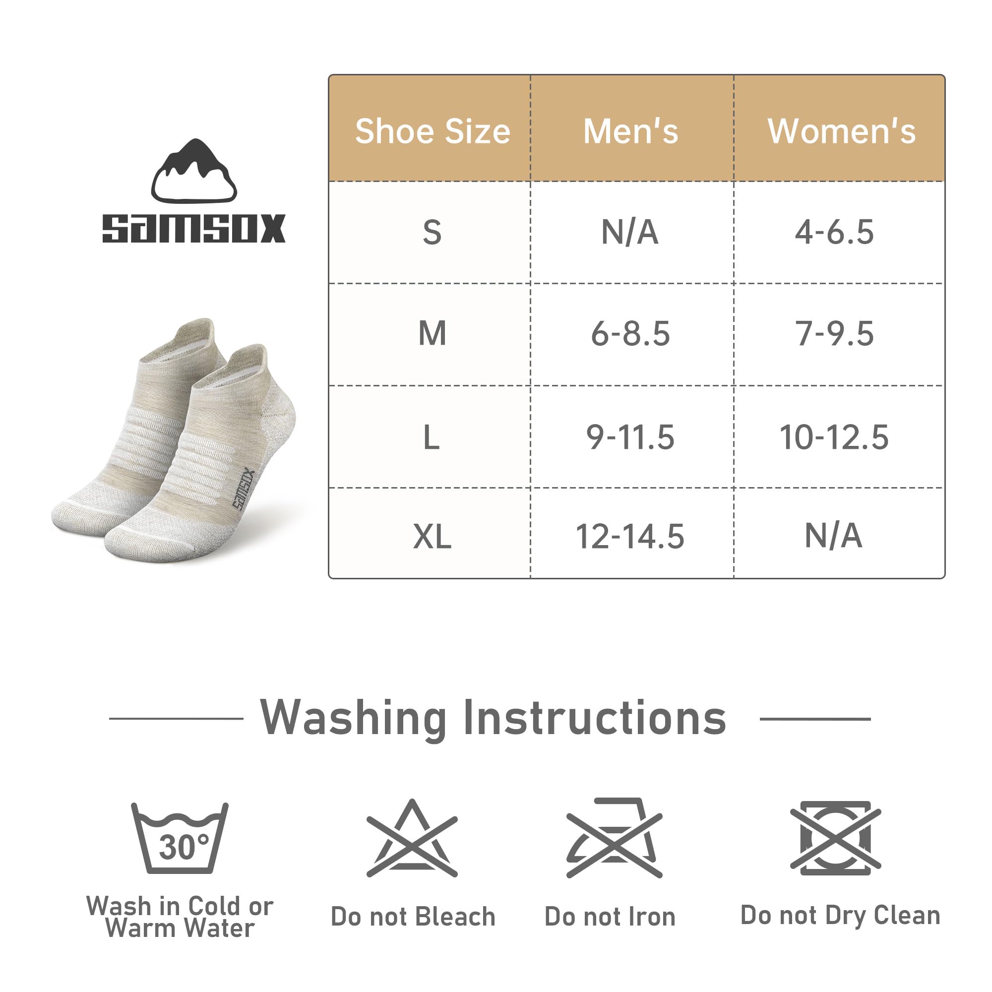 SAMSOX 2-Pair Merino Wool Running Socks, Made in USA, Oatmeal L