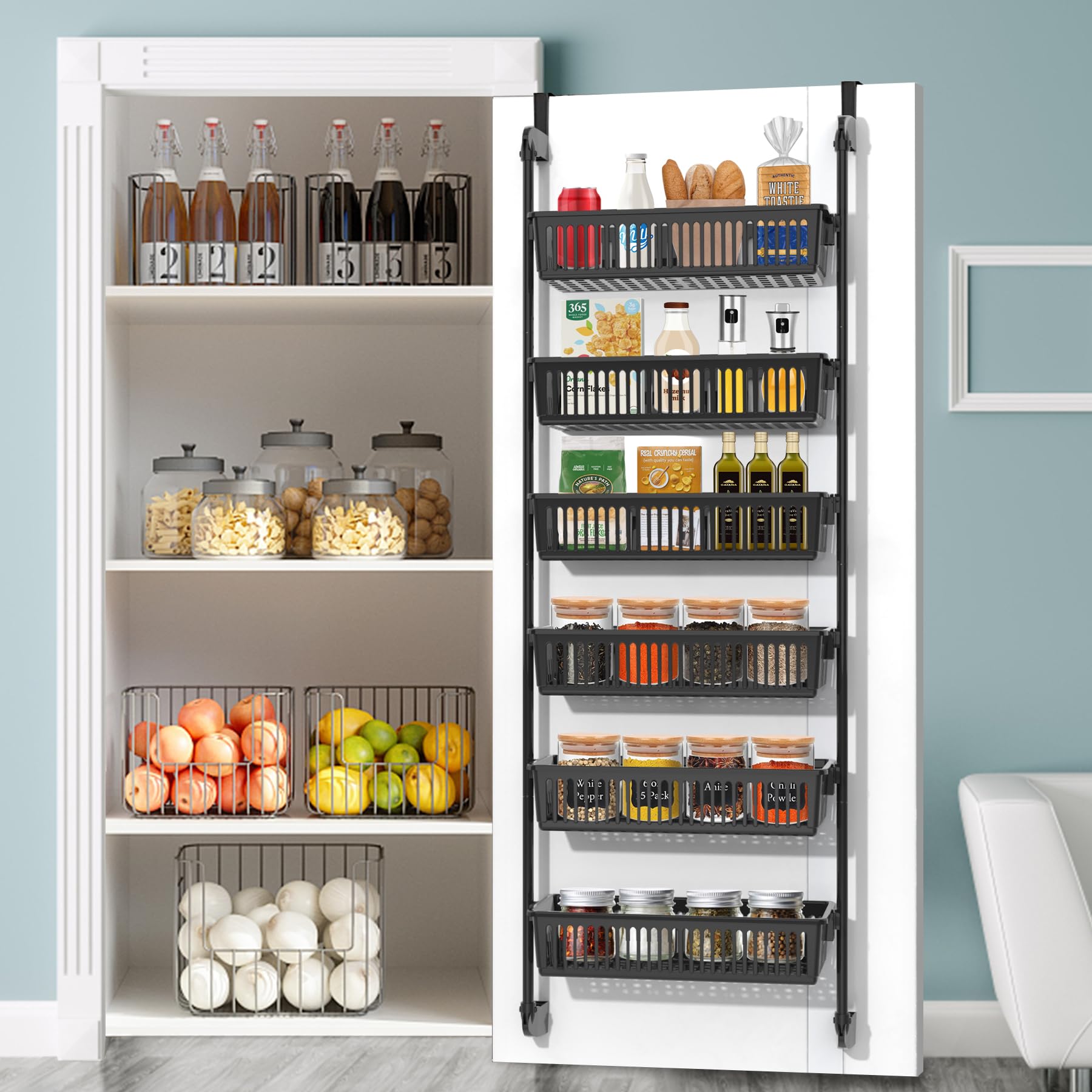 Pantry Door Organizer, Over the Door Pantry Organizer with 6-Tier Adjustable Baskets, Heavy-Duty Metal Wall Mounted Over the Door Spice Rack for Bathroom, Bedroom, Kitchen Organizers and Storage