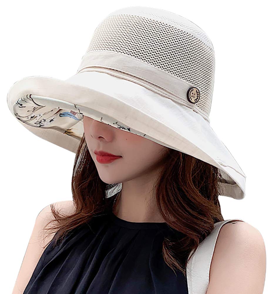 Summer Mesh Sun Hats for Women Lightweight Beach Hat Floral UPF50+ Packable Wide Brim Bucket Hat with Chin Strap Beige