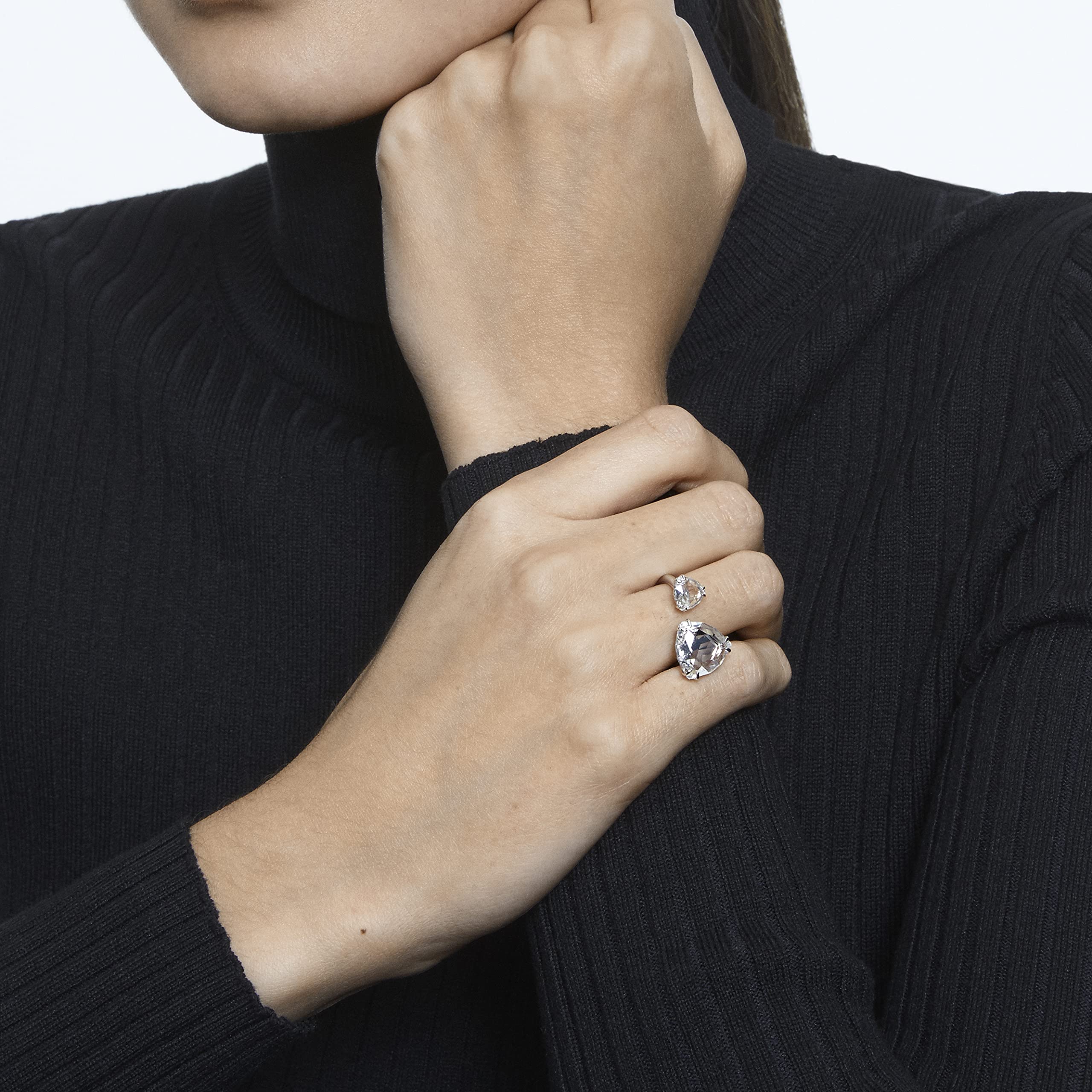 SWAROVSKI Millenia Cocktail Ring, Triangle Cut Crystals, Clear, Rhodium Finish, US 6