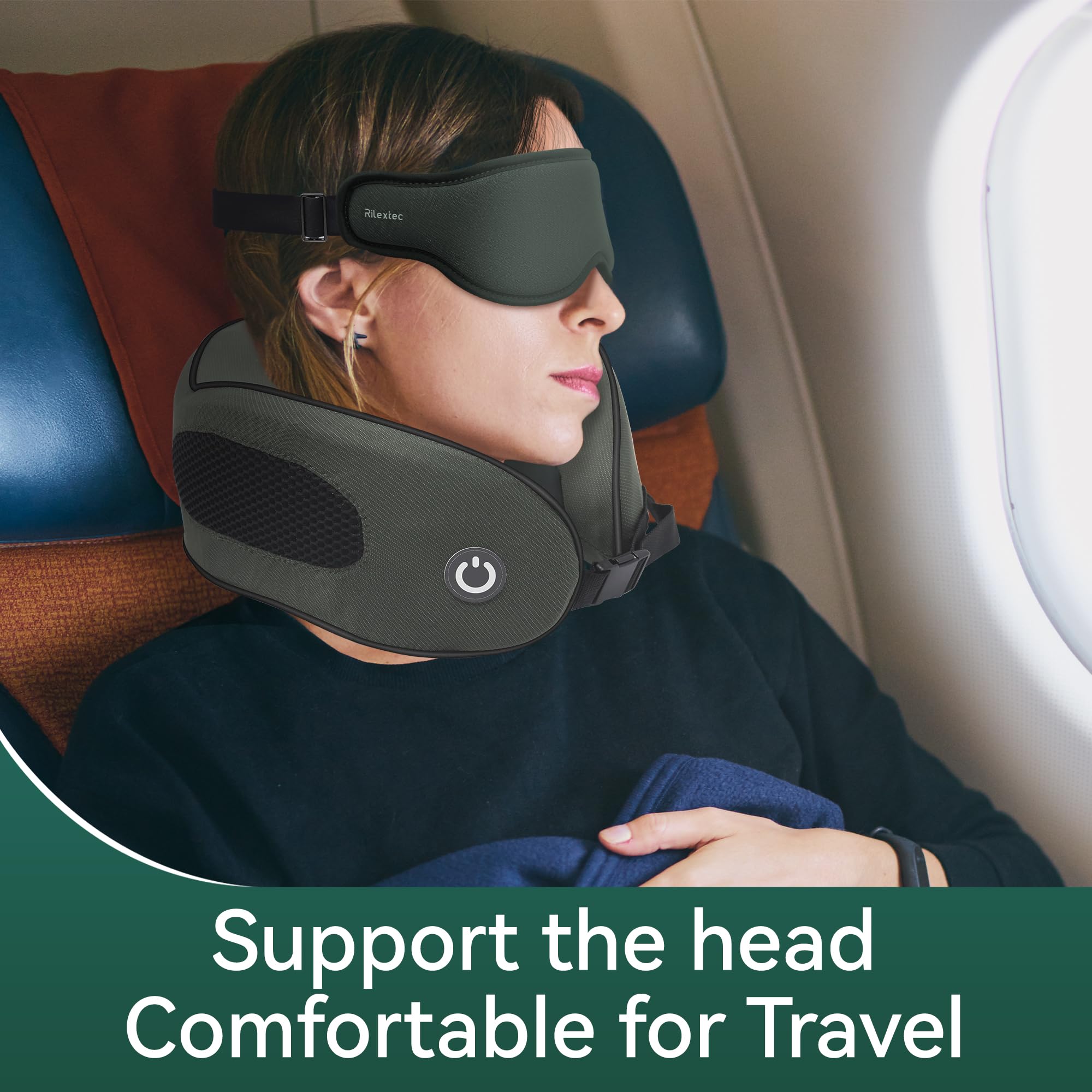 Rilextec Travel Pillow Neck Pillow for Travel Vibrate Neck Massager for Office Work with Breathable Cover & Memory Foam, Kit with one Eye Mask for Sleeping for Travel