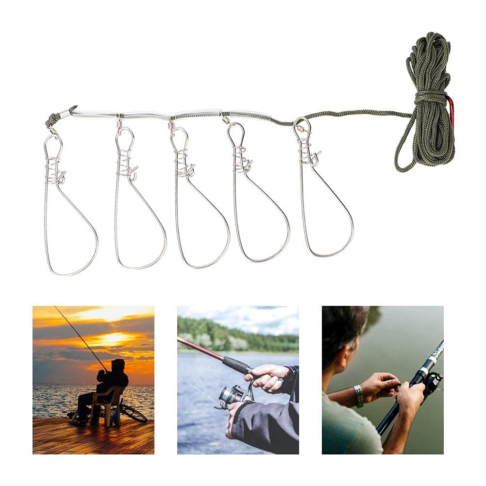 Stainless Steel Heavy Duty Fishing Catch Stringer with 5 Lock Snaps Ropes Float, Ideal for Fishing Lovers