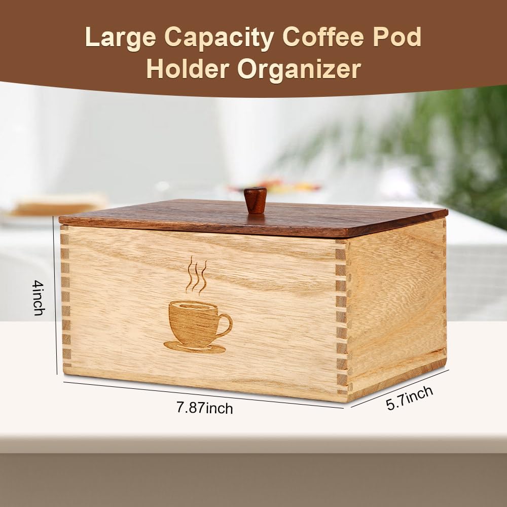 RiLiKar Wood Coffee Pod Holder Storage Box Organizer with Lid Large Capacity Coffee Station Organizer for Countertop Modern Coffee Storage Container Coffee Bar Accessories Organizer (Rectangle)