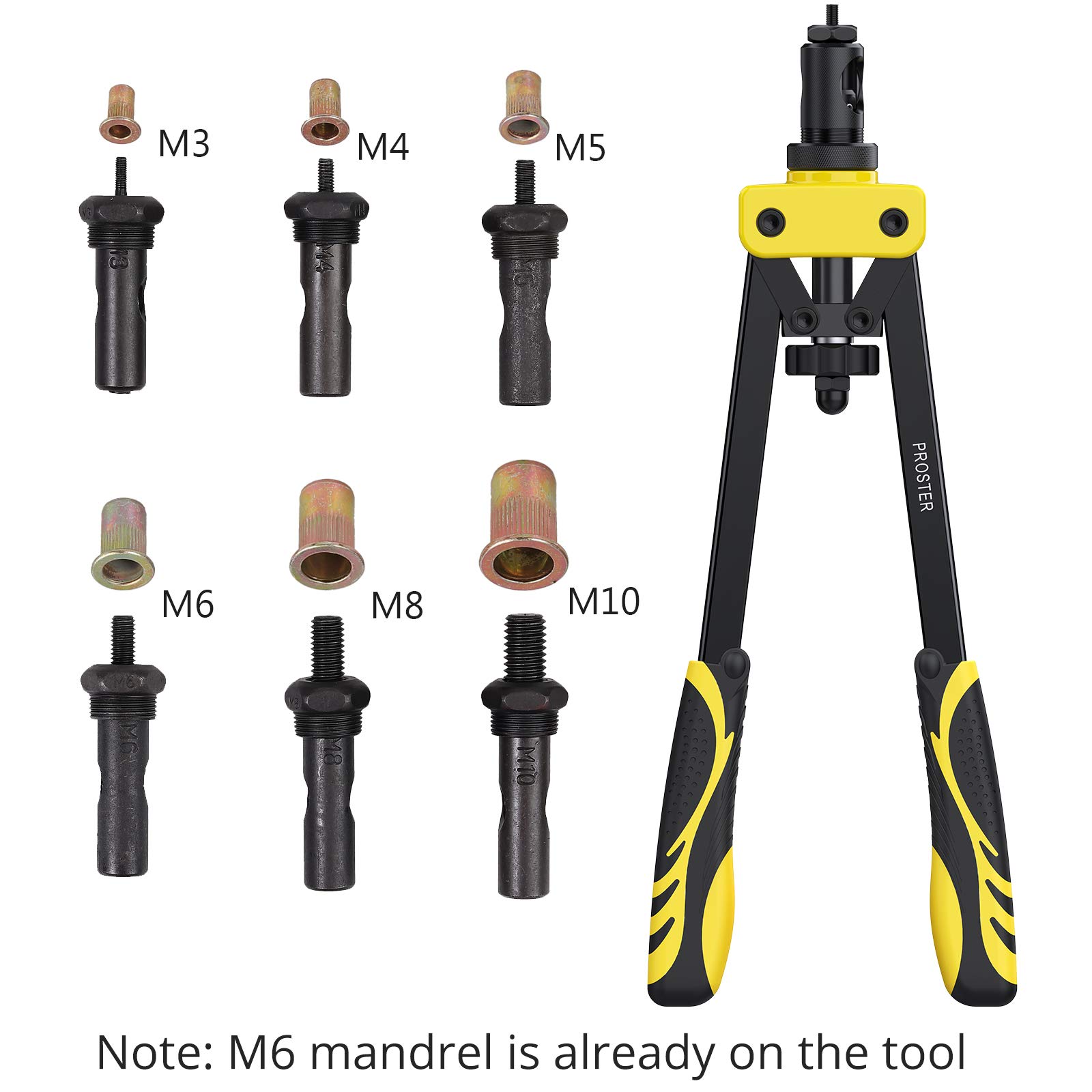 Rivet Nut Tool, Proster 14" Heavy Duty Hand Rivet Nut Thread Setter Kit with 6pcs Metric Mandrels, 150pcs Rivet Nuts