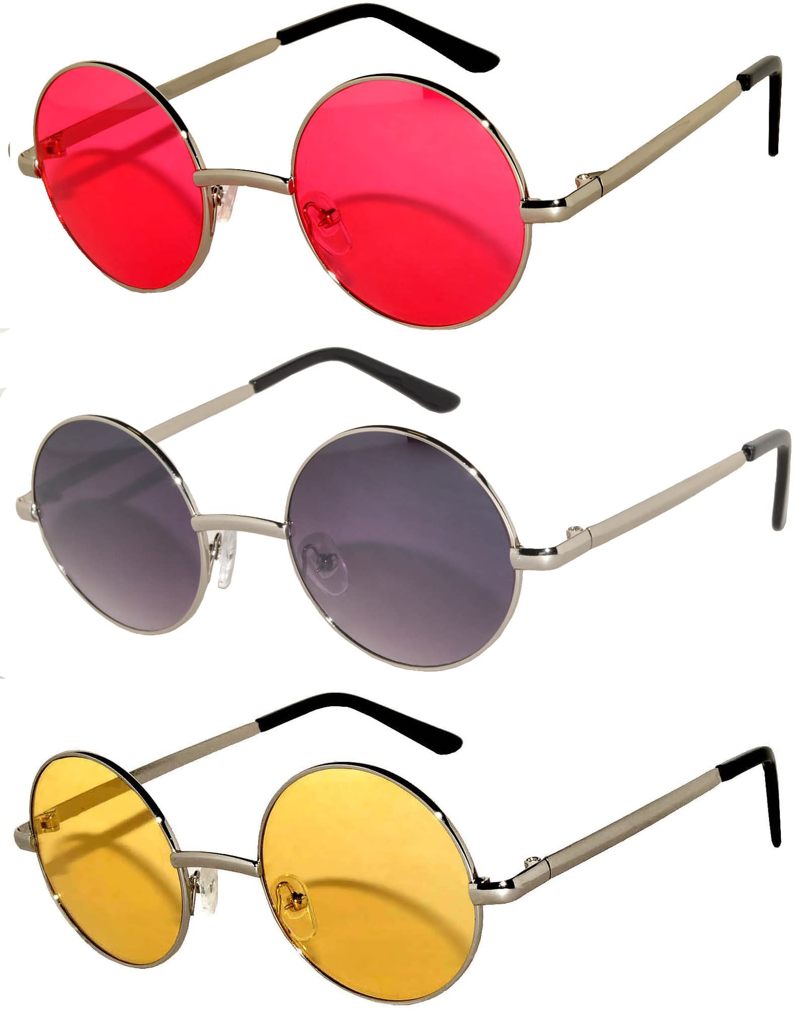 Round Retro Vintage Sunglasses Metal Frame Red Smoke Yellow 3 Pairs OWL