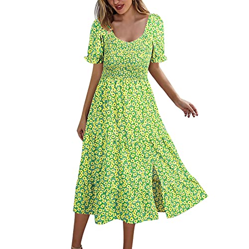 Womens Midi Skirt with Slit Flowy Summer Floral Print Scoop Neck Dress Casual Boho Short Sleeve Smocked Split Swing