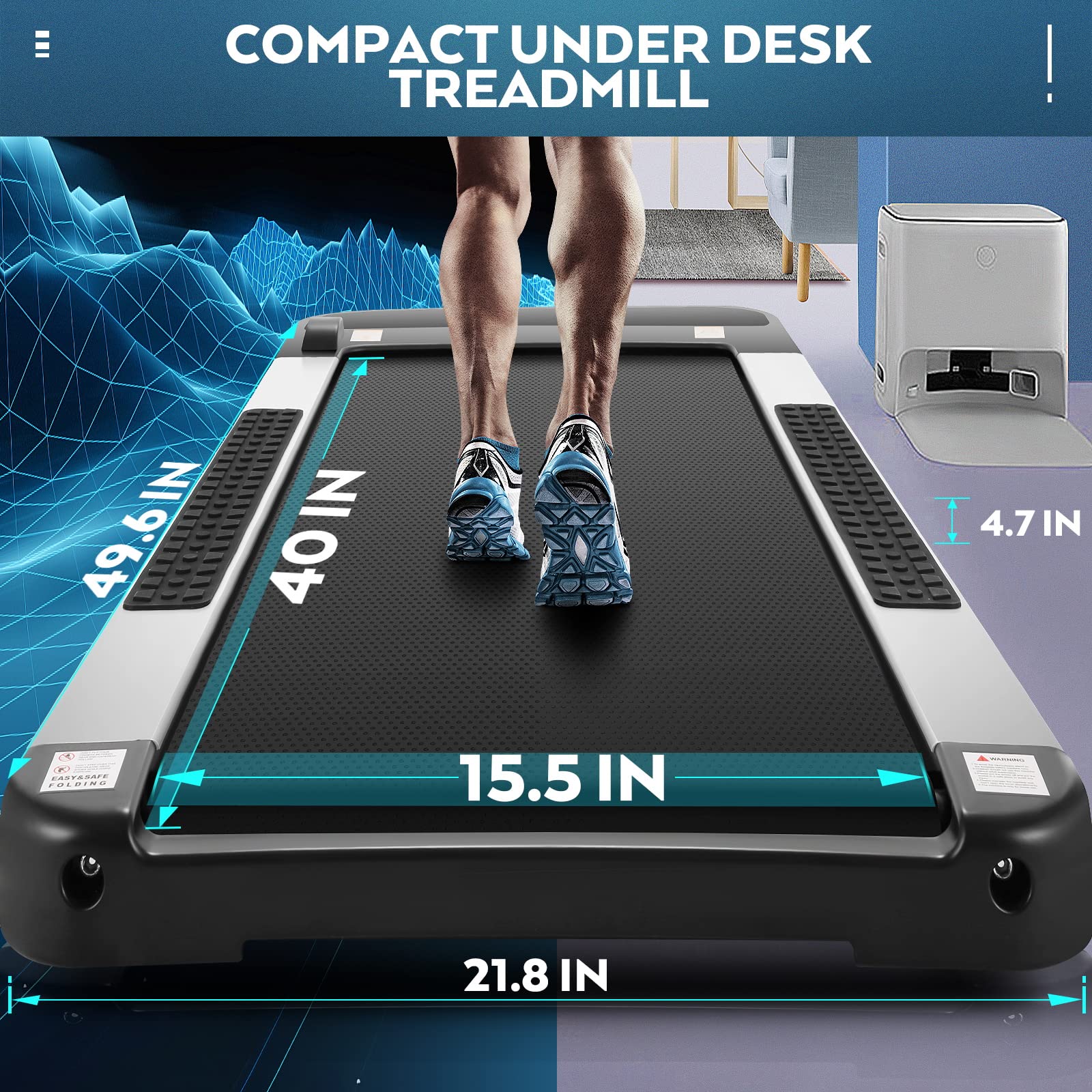 Treadmills for Home,Under Desk Folding Treadmill,2-in-1 Running,Walking & Jogging Portable Running Machine with Bluetooth Speaker & Remote Control,5 Modes & 12 Programs,No Assembly Required