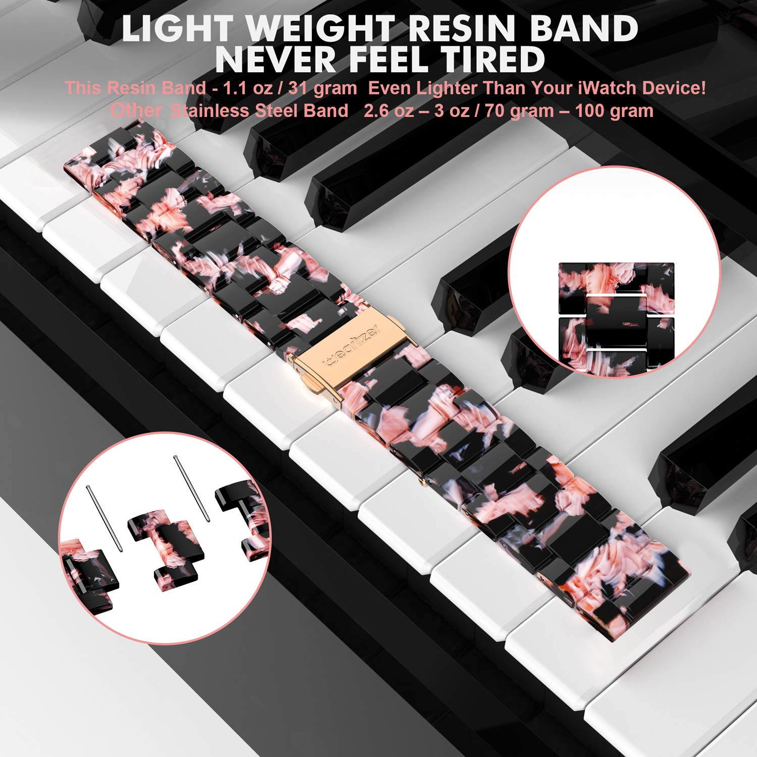 Wearlizer Resin and Stainless Steel Compatible with Fitbit Versa/Versa 2 /Versa Lite/Versa SE Bands Women Men, Lightweight Replacement Compatible with Fit bit Versa, Pink