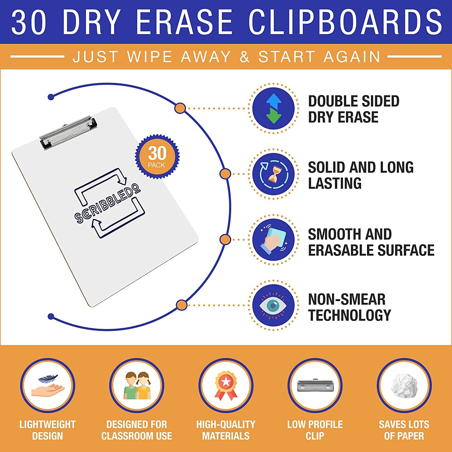 SCRIBBLEDO 30 Pack Double Sided Dry Erase Clipboards 9"x12" Durable Clipboards Bulk with 30 Dry Erase Erasers, Dry Erase Clipboard with Low Profile Clip for School, Classroom and Home Use