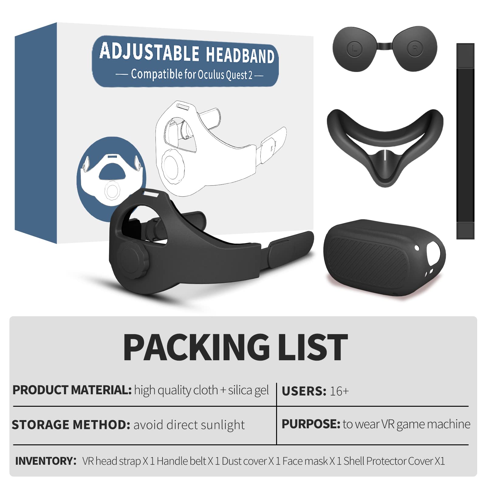 SUIHUOJI for VR Oculus Quest 2 Elite Head Strap Replacement, 5 in 1 Silicone Accessories Kits, Lens Protective Cover/Silicone Face Pad Cover/VR Shell Protector Cover for Quest 2 Headset (Black)