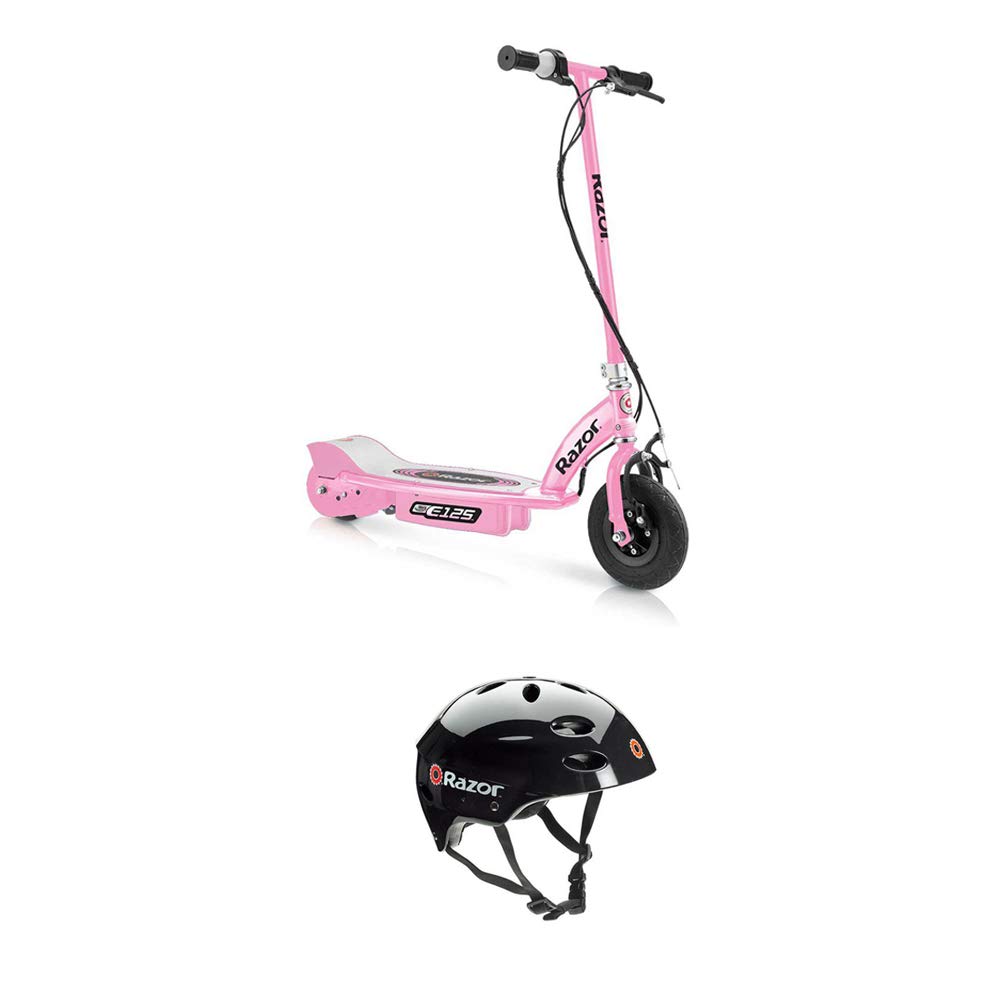 Razor E125 Motorized Rechargeable Electric Scooter with Acceleration Control, Front Brake, & Kickstand, Pink & V17 Youth Size Safety Helmet, Black