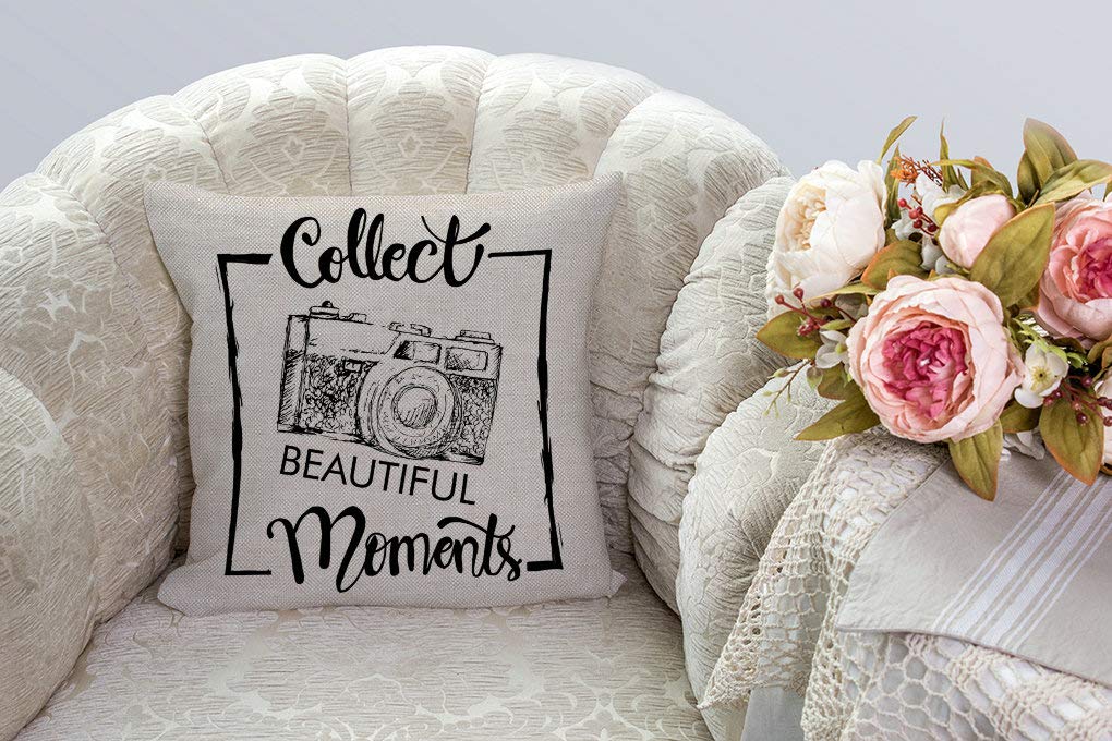 SSOIU Motivational Quote Throw Pillow Cover, Collect Beautiful Moments with Retro Camera Decorative Throw Pillow Covers Cotton Linen Pillow Cases 18β x 18β for Home Decor