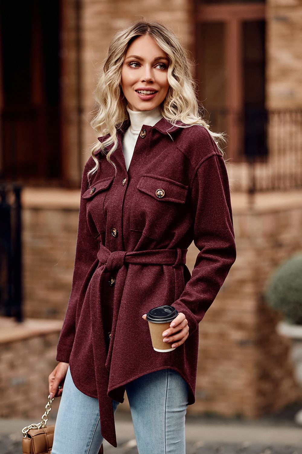 PRETTYGARDEN Women's Fall Fashion Winter Trench Coats Lapel Button Down Peacoat Belted Outerwear Casual Jackets (Wine Red,X-Large)