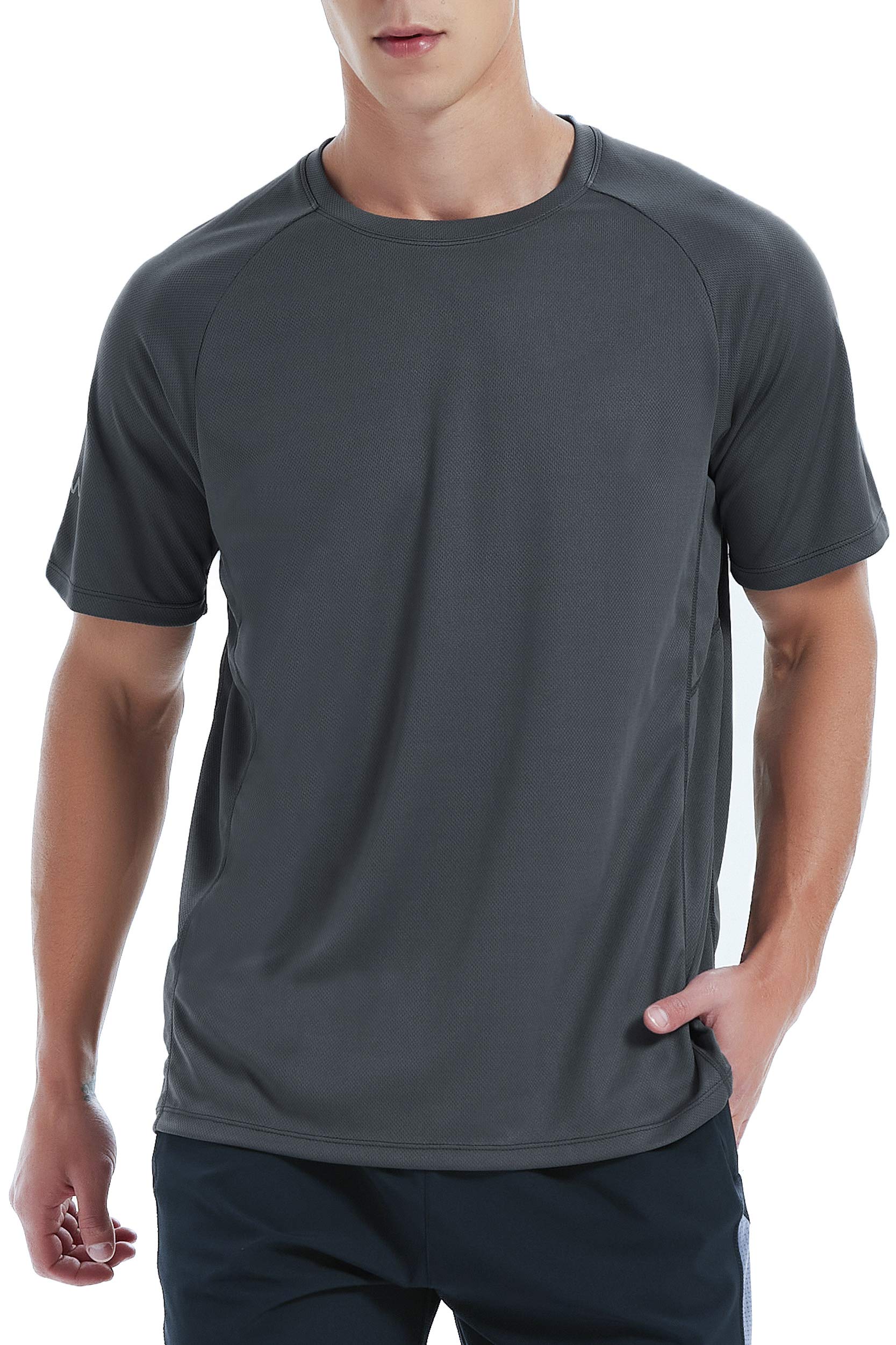 WanNiu Men's 3 Pack Workout Shirt Dry Fit Athletic Gym Short Sleeve Mesh Moisture Wicking, Black Grey Red, Large