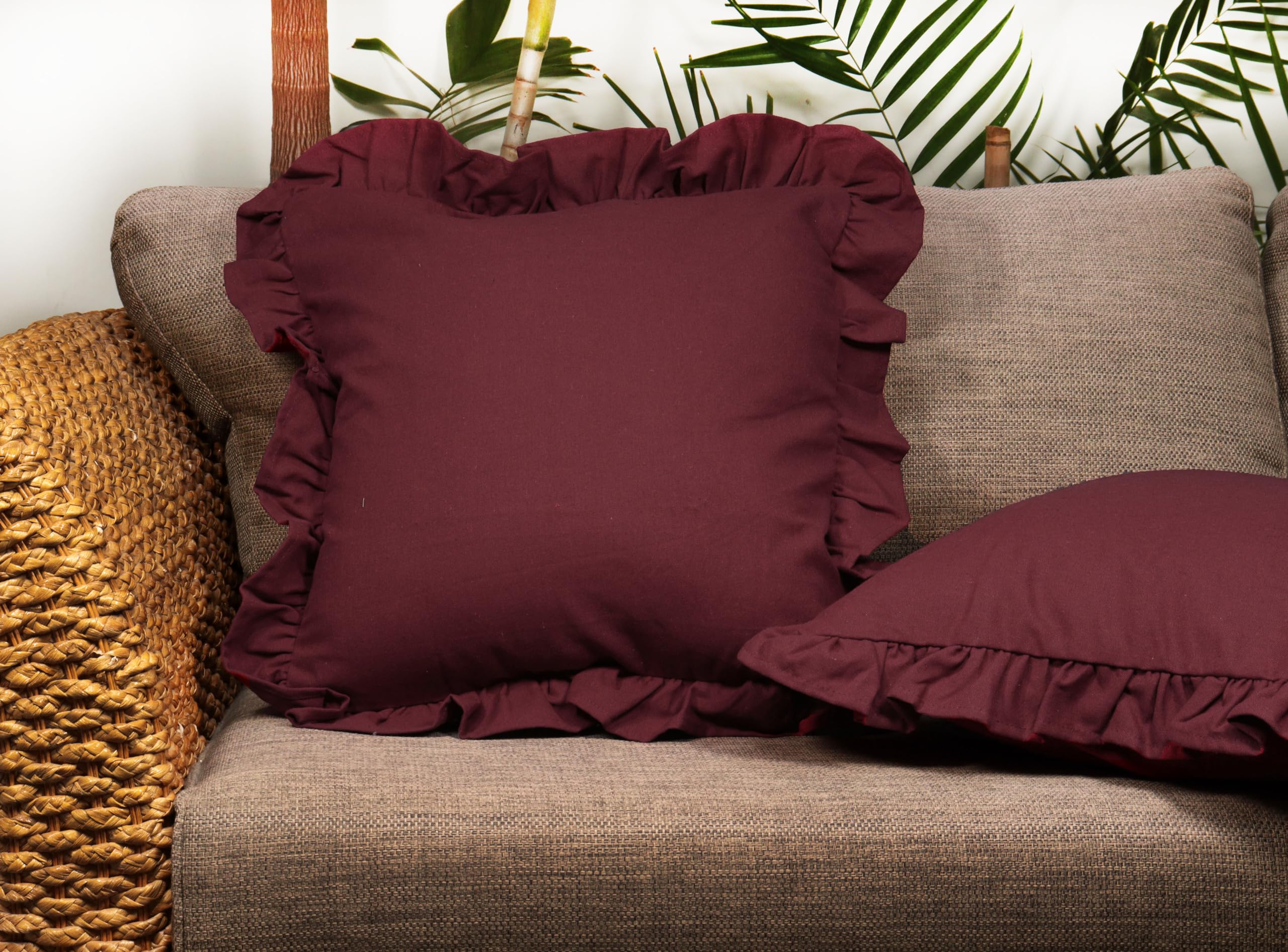 PurpleEssences Ruffled Solid Throw Pillow Covers Set of 2 Chic Cotton Decorative Square Cushion Case for Sofa Couch Bed Living Room Farmhouse Boho Décor 18 x 18 - Grey