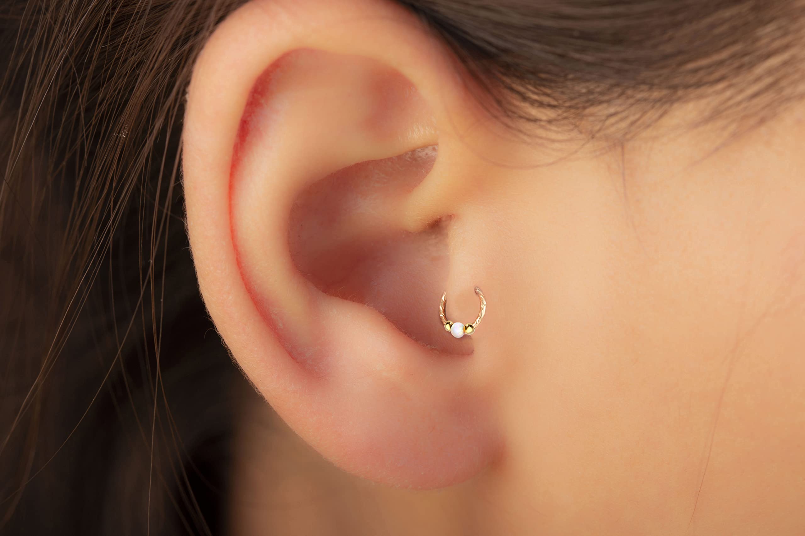 Tragus Earring Piercing 14K Gold Filled - Tiny 20 Gauge Twist Wire Ear Hoop - Shiny White Opal Gold Beads - 7mm Diameter 0.2 Inches Tragus Ear Ring