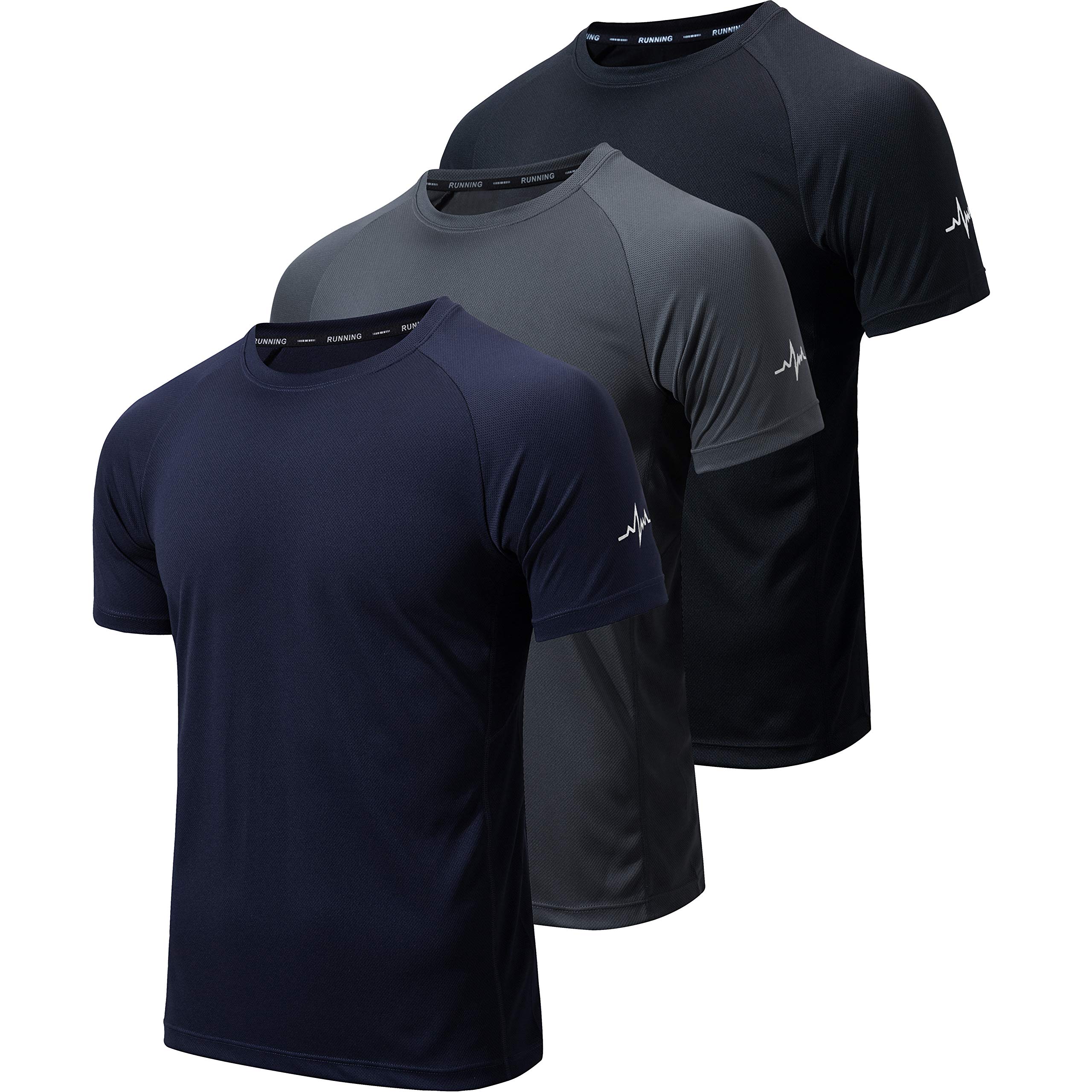 WanNiu Men's 3 Pack Workout Shirt Dry Fit Athletic Gym Short Sleeve Mesh Moisture Wicking, Black Grey Navy, Large