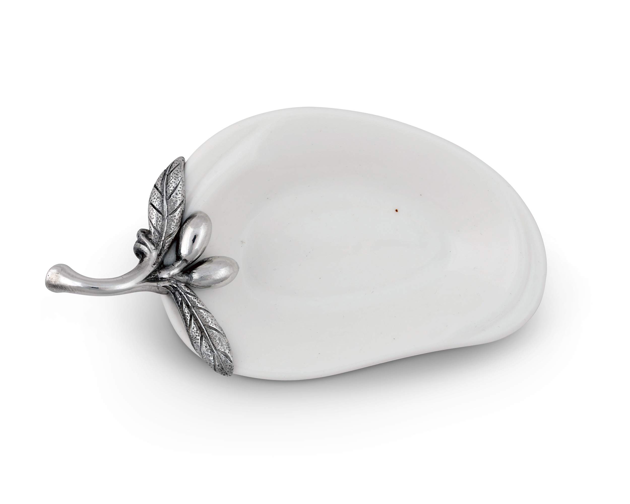 Vagabond House Porcelain Olive/Jam/Oil/Vinegar Server and Spoon Rest with Solid Pewter "Olive Branch" Accent 4.5 inch Long x 2.5 inch Wide