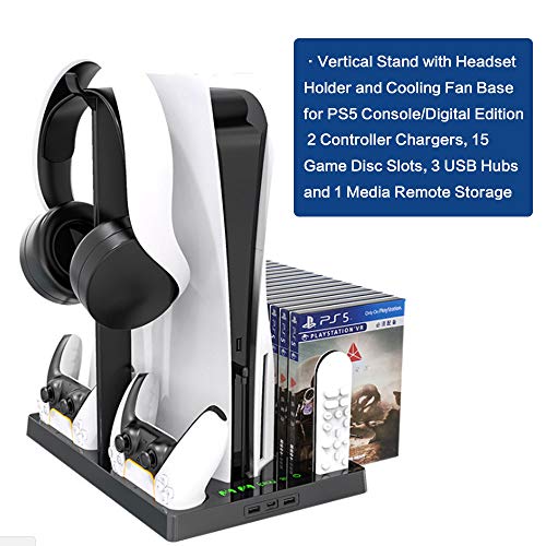 Stand Hook Organizer for Your Video Game Accessories, 2 in 1 Vertical Stand,PS5 Digital Edition/Optical Drive Edition Host Universal Multifunctional Dock with Earphone Holder and Cooling Fan Base