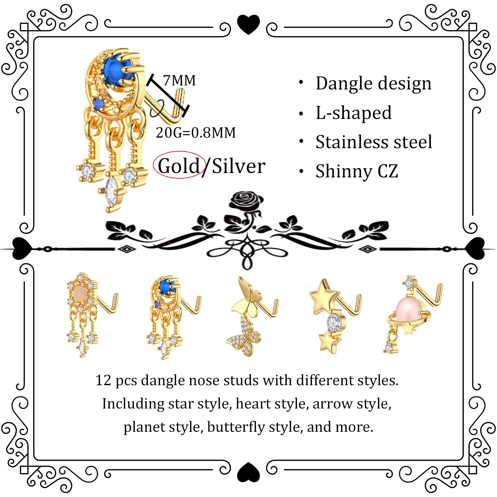 WAINIS 12pcs 20G Dangle Nose Rings Studs for Women Stainless Steel L Shaped Nose Studs Heart Arrow Feather Snowflake Wing CZ Dangling Nose Piercing Jewelry Gold