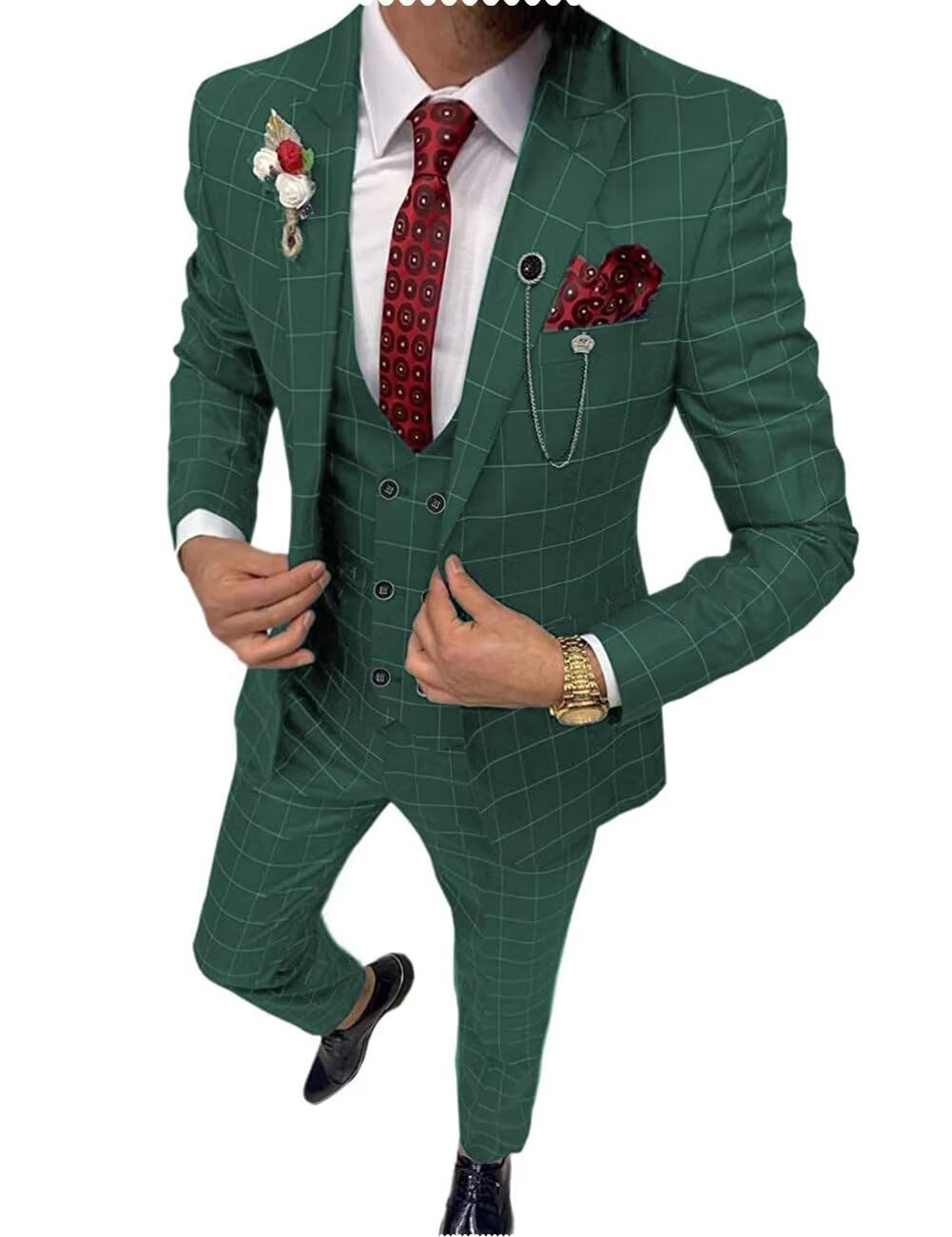 Plaid Suits for Men Hunt Green 3 Peice Checked Suits Slim Fit Suits Formal Wedding Dress Suits Size 4XL