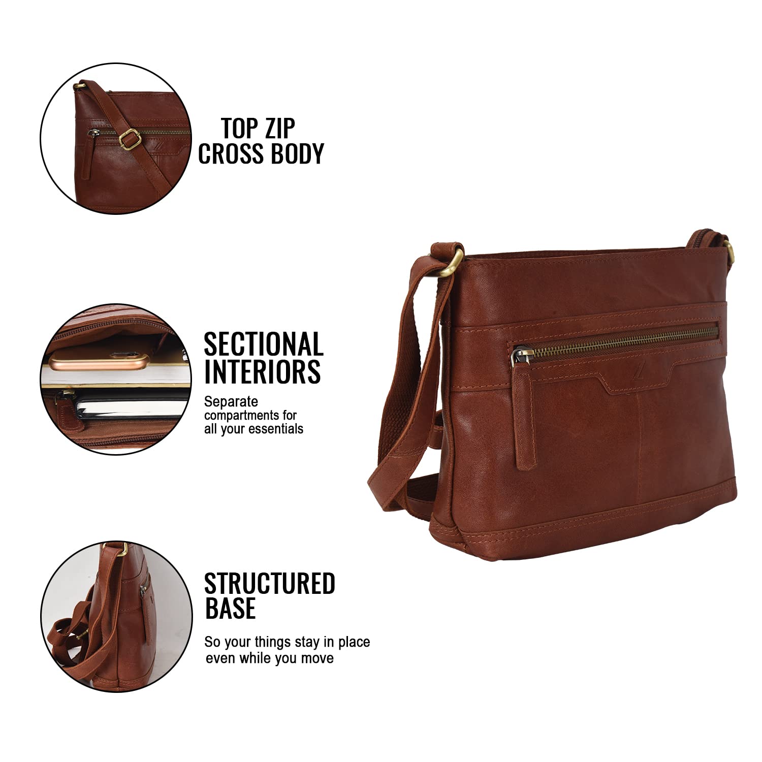 Zinda Genuine Leathers Women’s Handbag Bucket Bag Top Zip Shoulder Sling Crossbody (Brandy)