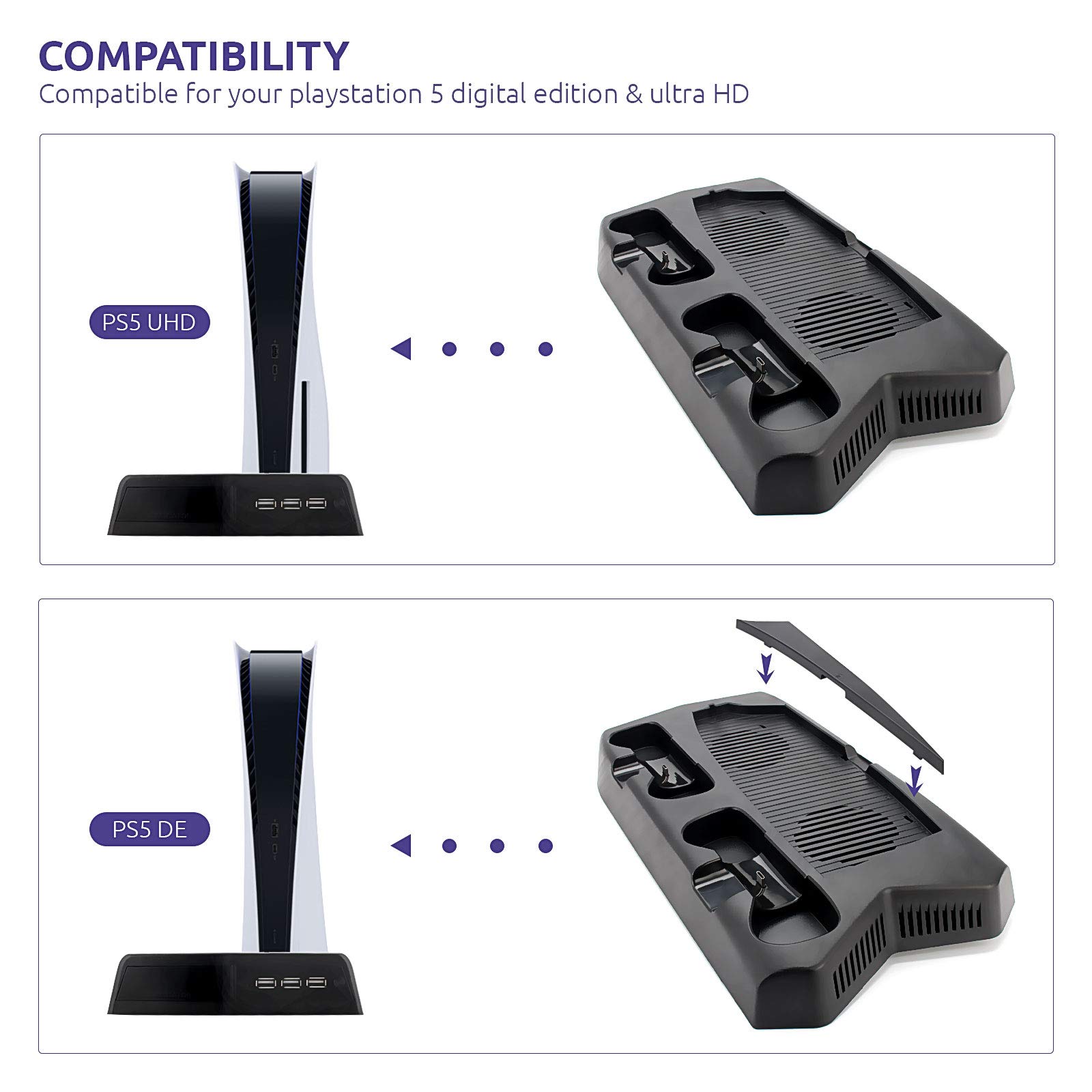 Stand with Cooling Fan and Dual Controller Charger for PS5, KRX All-in-One Design Accessories for Playstation 5 Digital Edition & Dualsense, Console System Charging & Cooling Station for PS5